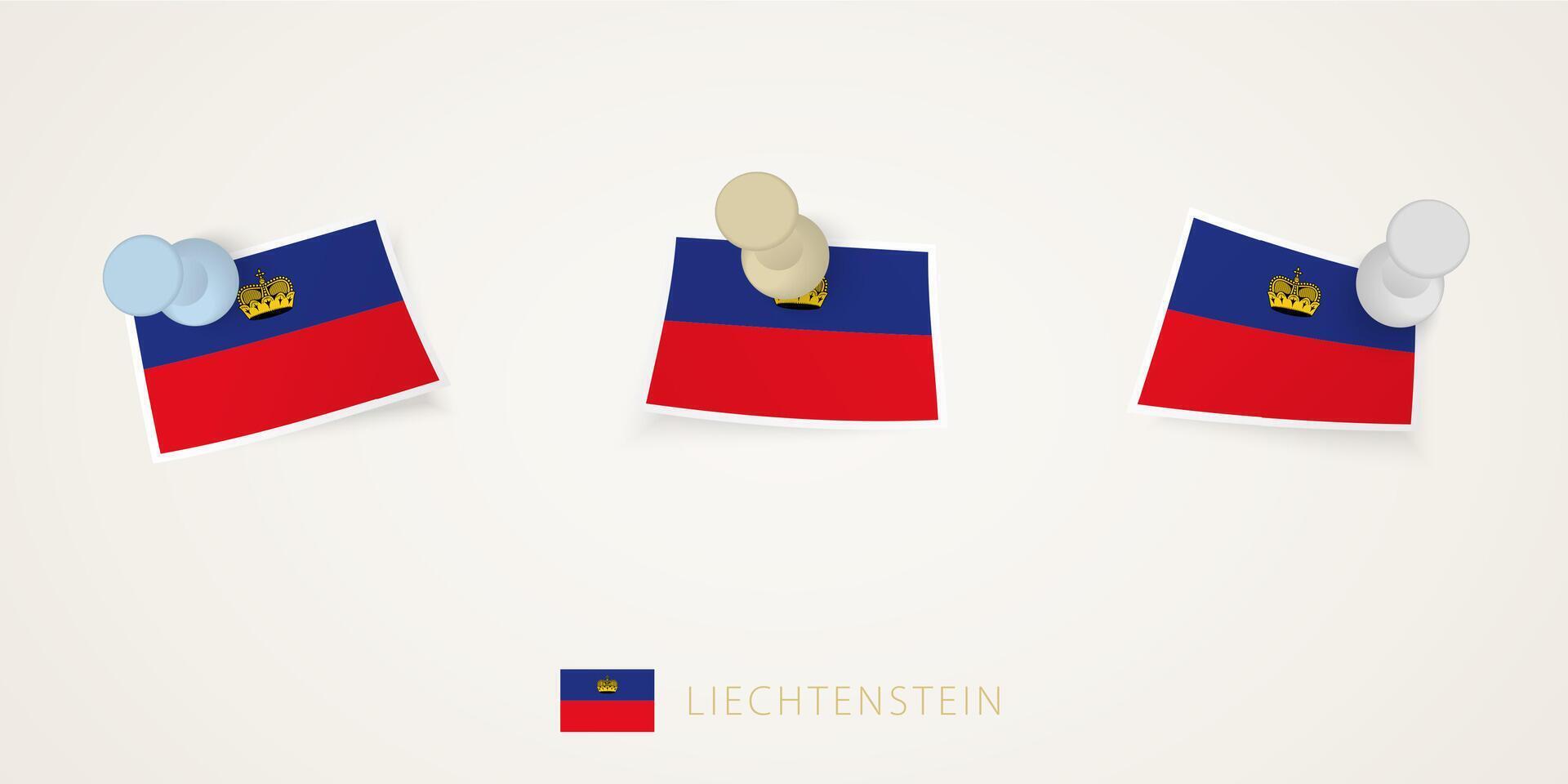 Pinned flag of Liechtenstein in different shapes with twisted corners. pushpins top view ...