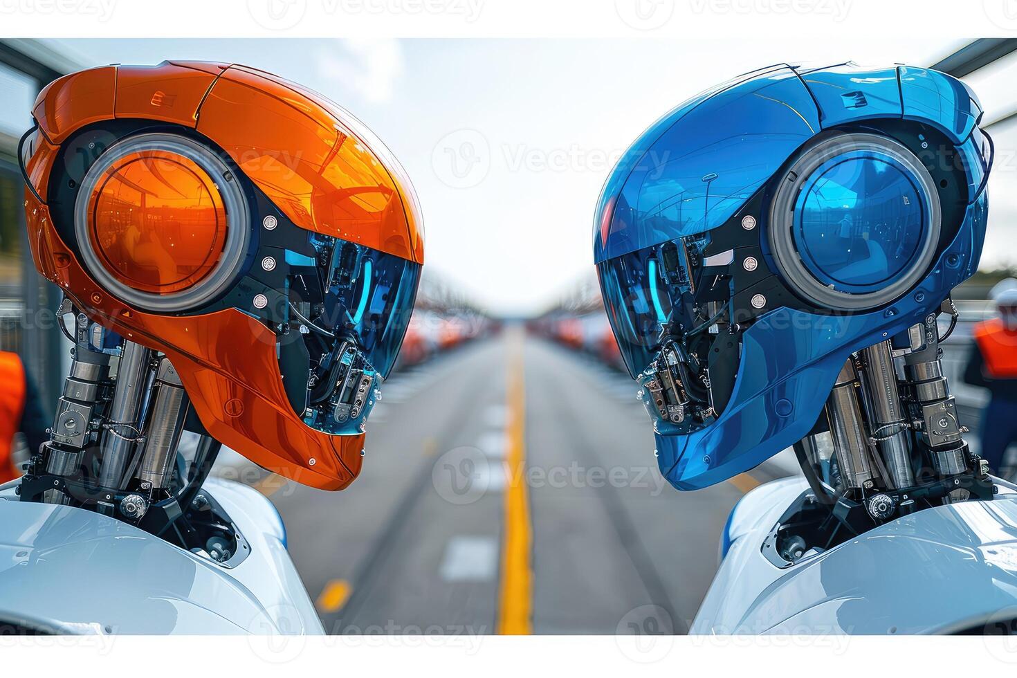 Two Futuristic Robots Facing Each Other with Orange and Blue Helmets 52749254 Stock Photo at ...