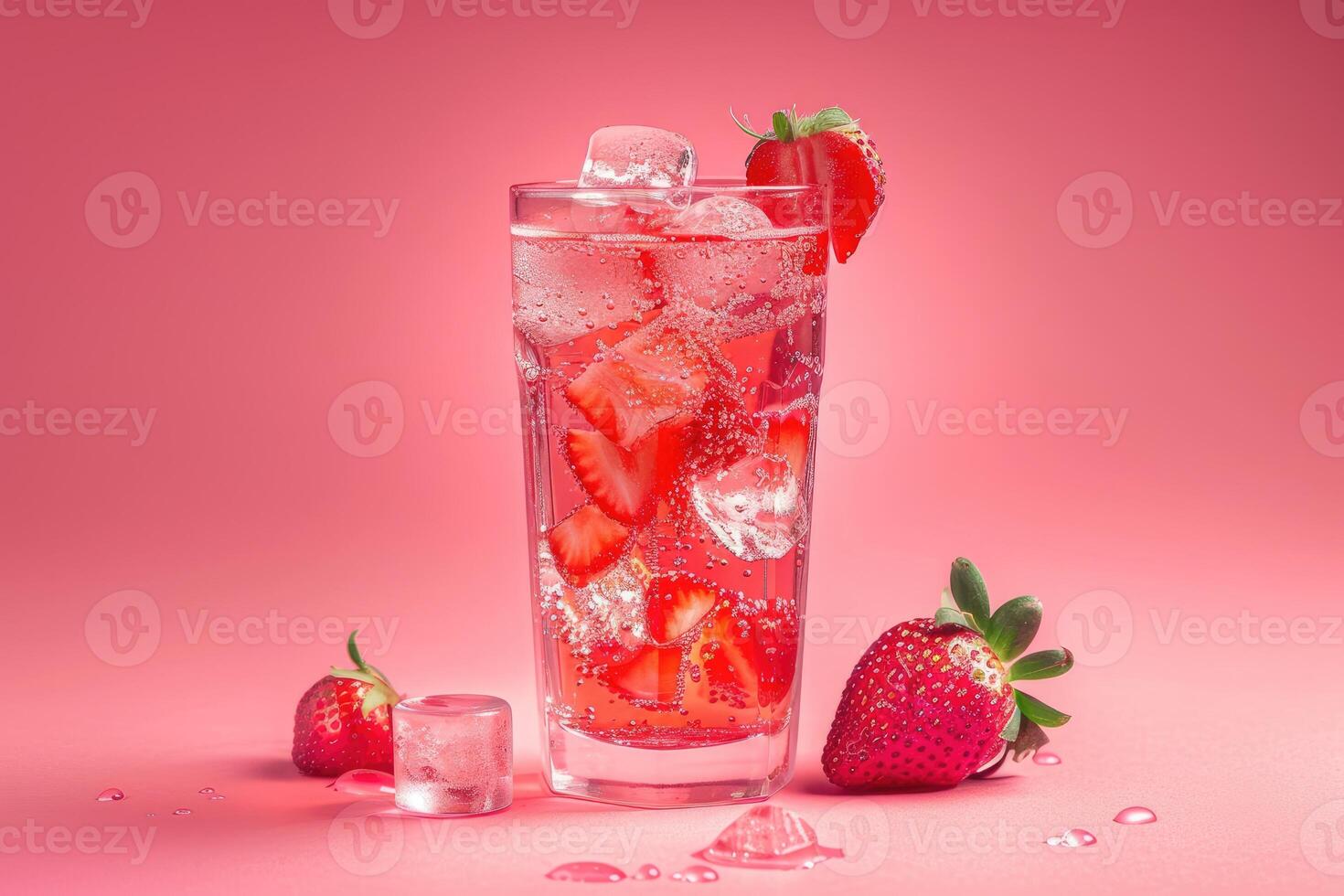 Strawberry-Infused Sparkling Water with Ice Cubes on Pink Background 52749547 Stock Photo at ...