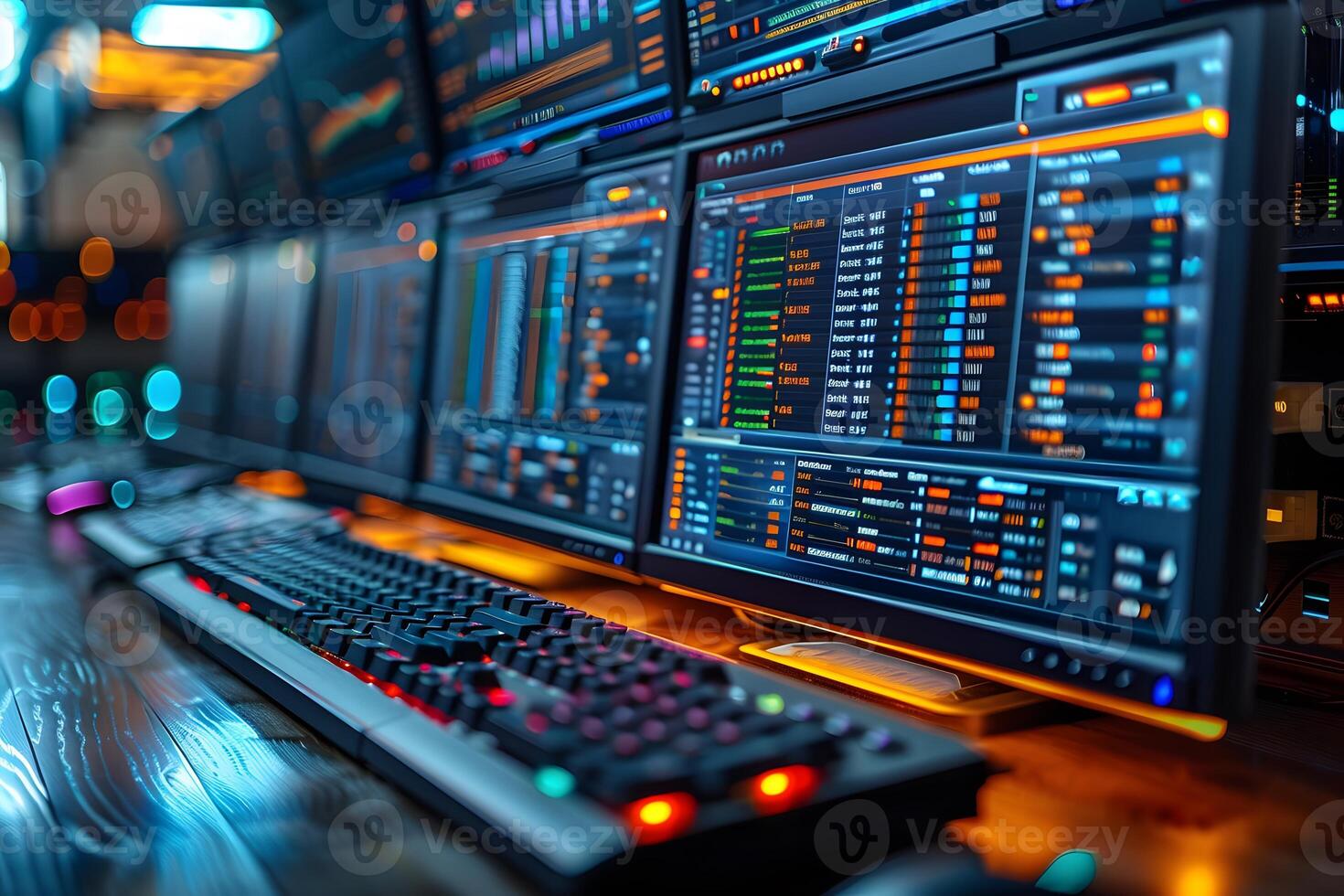 High-Tech Trading Desk with Multiple Monitors Displaying Financial Data 52753549 Stock Photo at ...