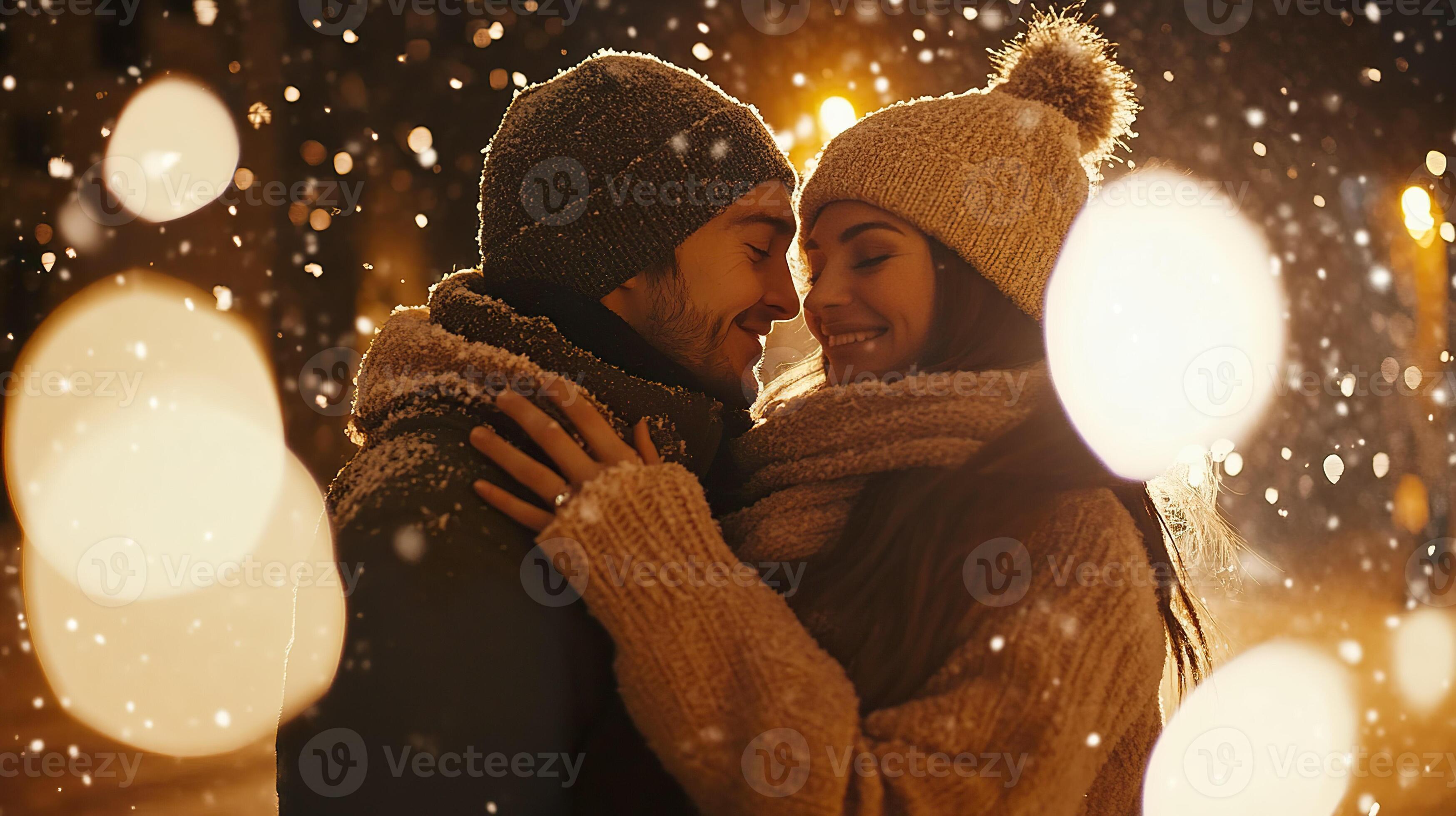 couple embraces warmly under falling snow, surrounded by glowing lights ...