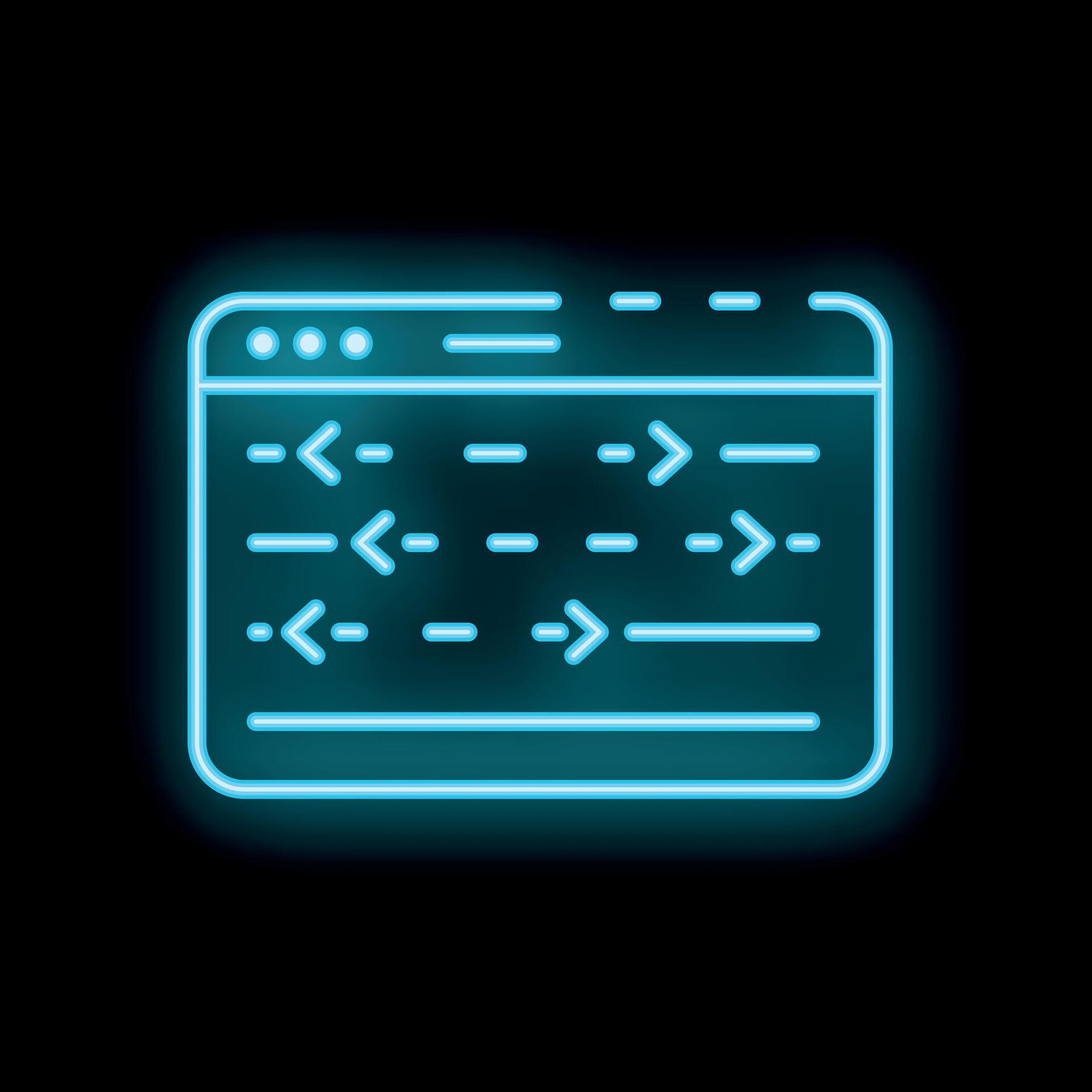 Neon blue programming code in browser window on black background ...