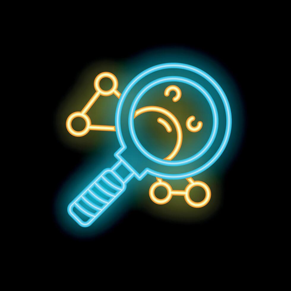 Neon magnifying glass exploring molecular structure on black background ... Neon magnifying glass exploring molecular structure on black background ...
