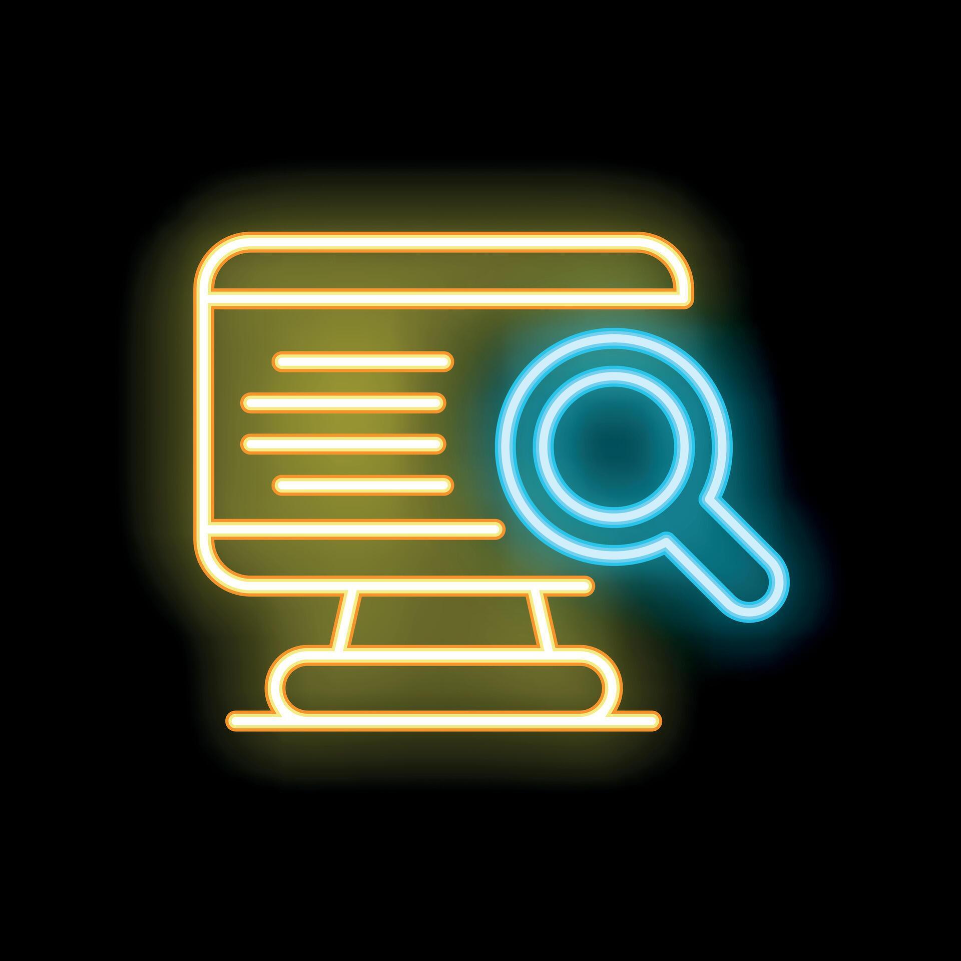 Neon icon of magnifying glass hovering over computer screen displaying lines of text 52765146 ...
