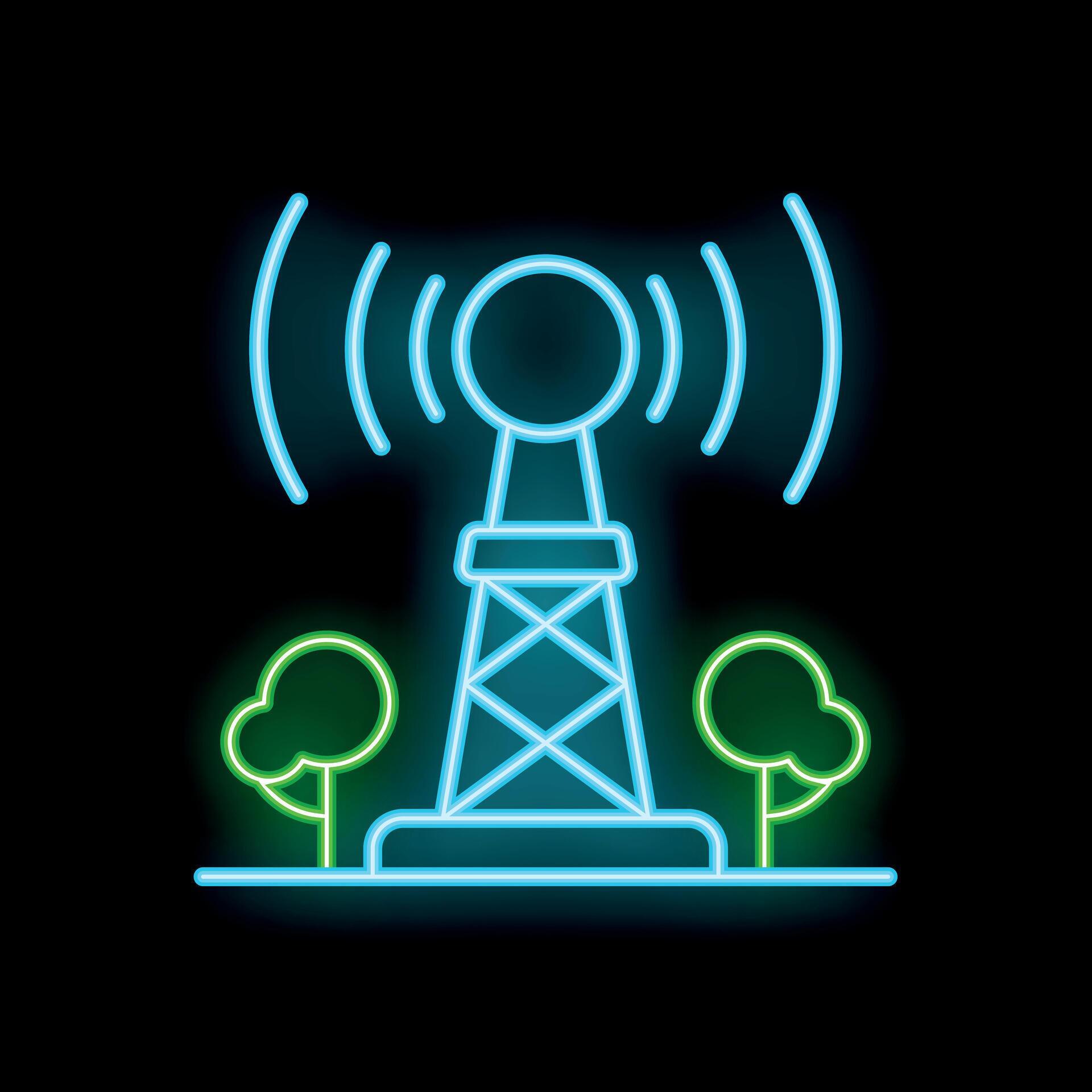 Neon radio tower transmitting signal between trees 52765424 Vector Art at Vecteezy