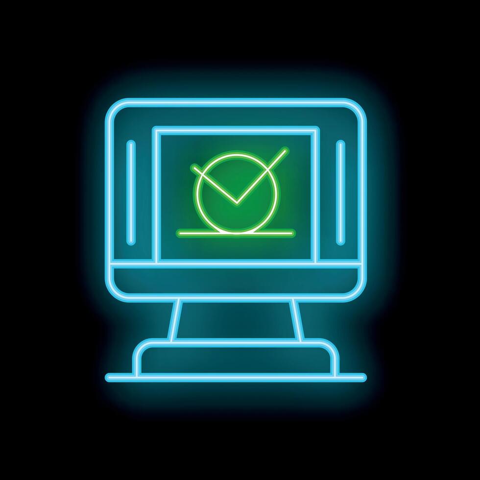 Neon icon of computer monitor displaying green checkmark symbol on black background 52769134 ...