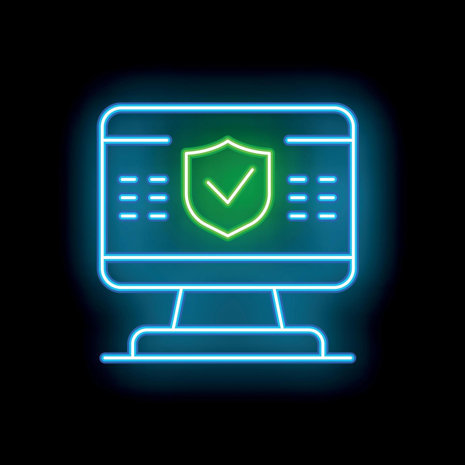 Neon green checkmark shield cyber security on computer monitor icon 52771095 Vector Art at Vecteezy
