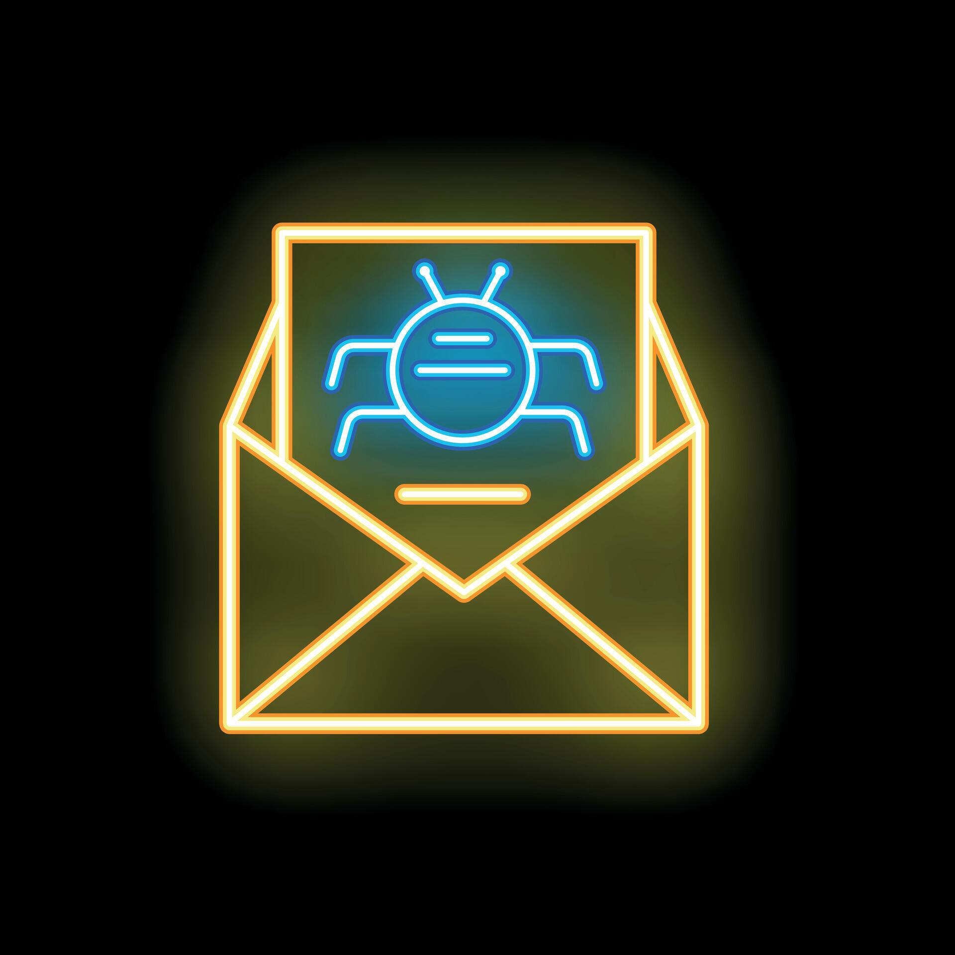 Neon Icon Of Open Envelope Containing Letter With Computer Bug Showing Cyber Security Threat