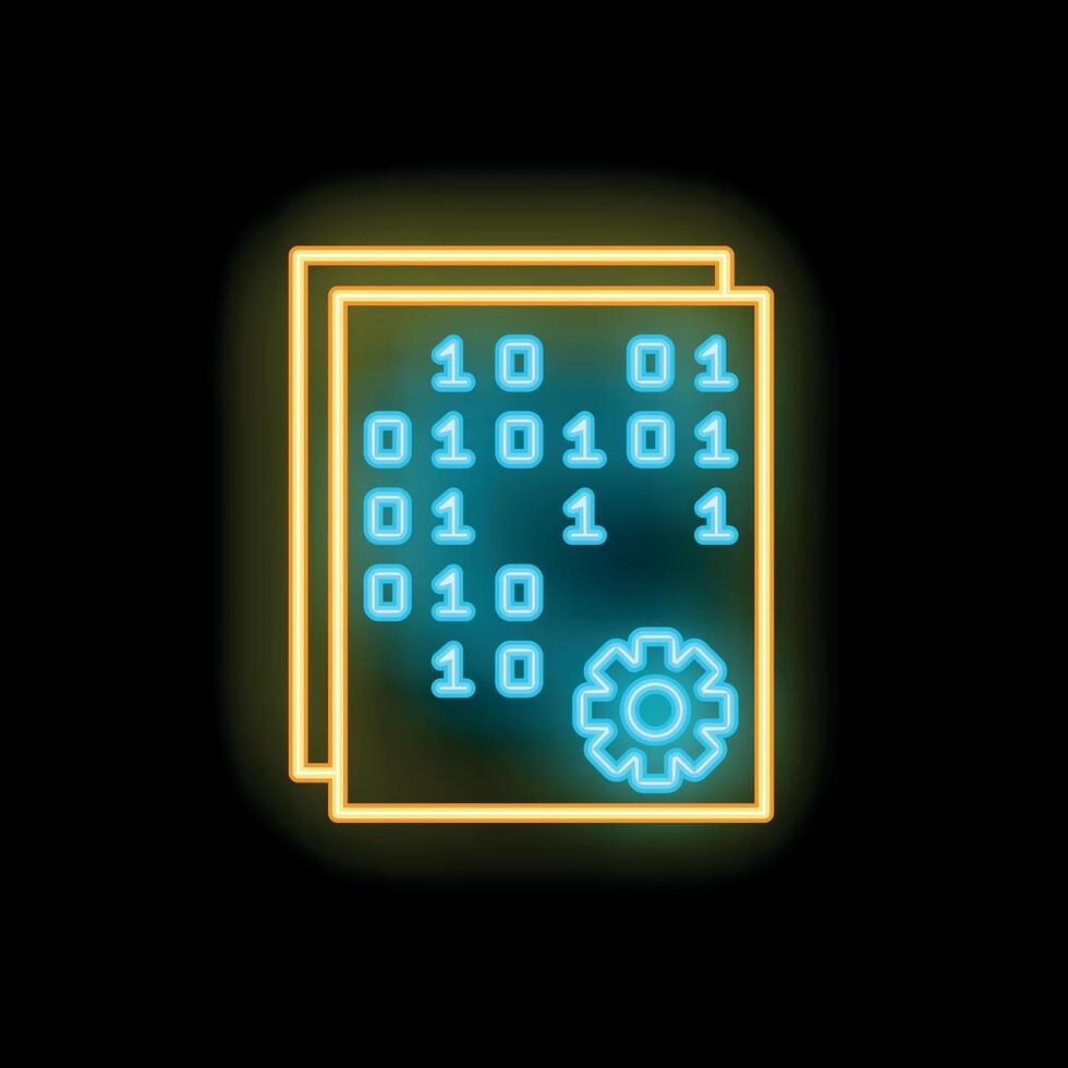 Neon icon of digital binary code processing with gear representing ...