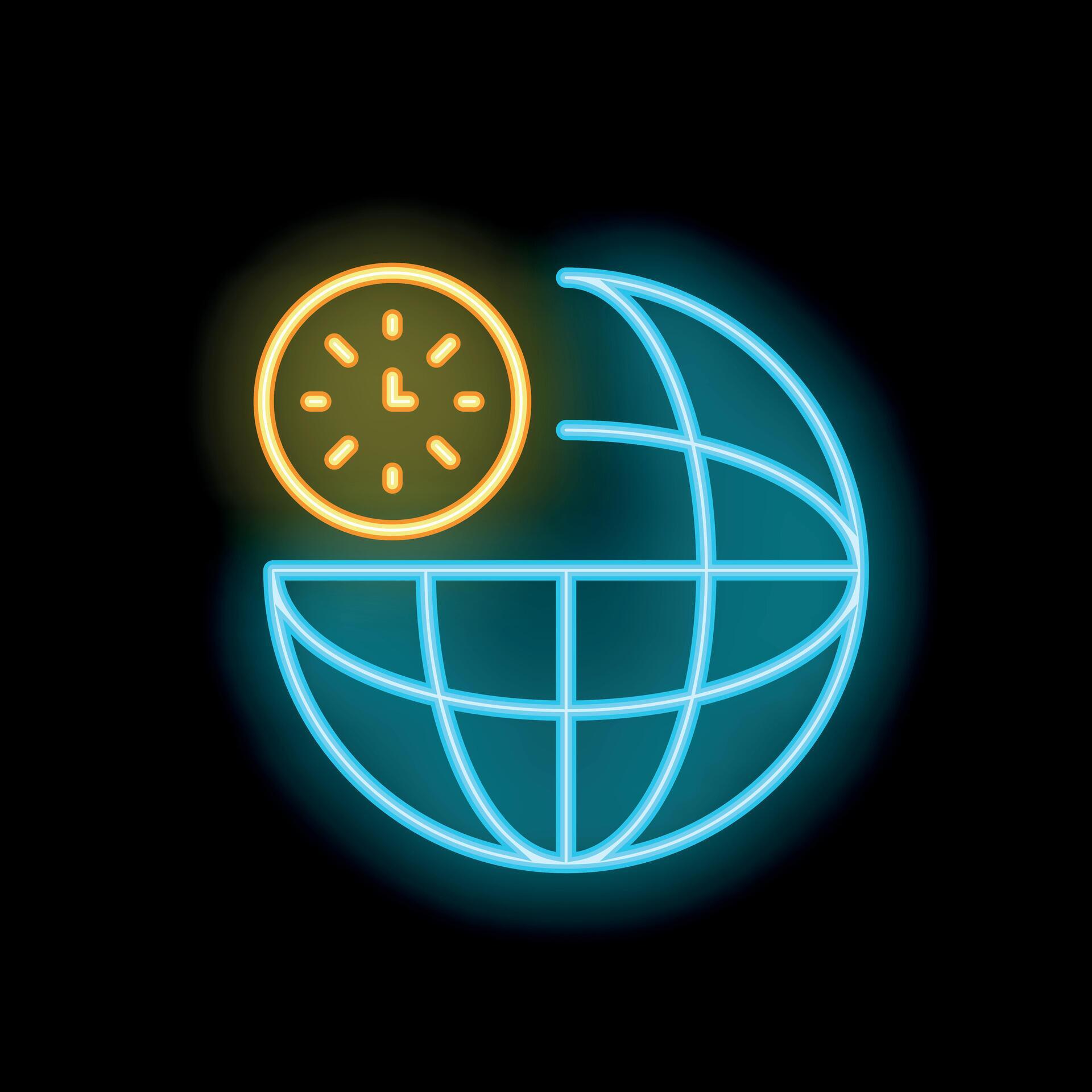 Neon icon of clock overlaying a rotating globe for global business ...