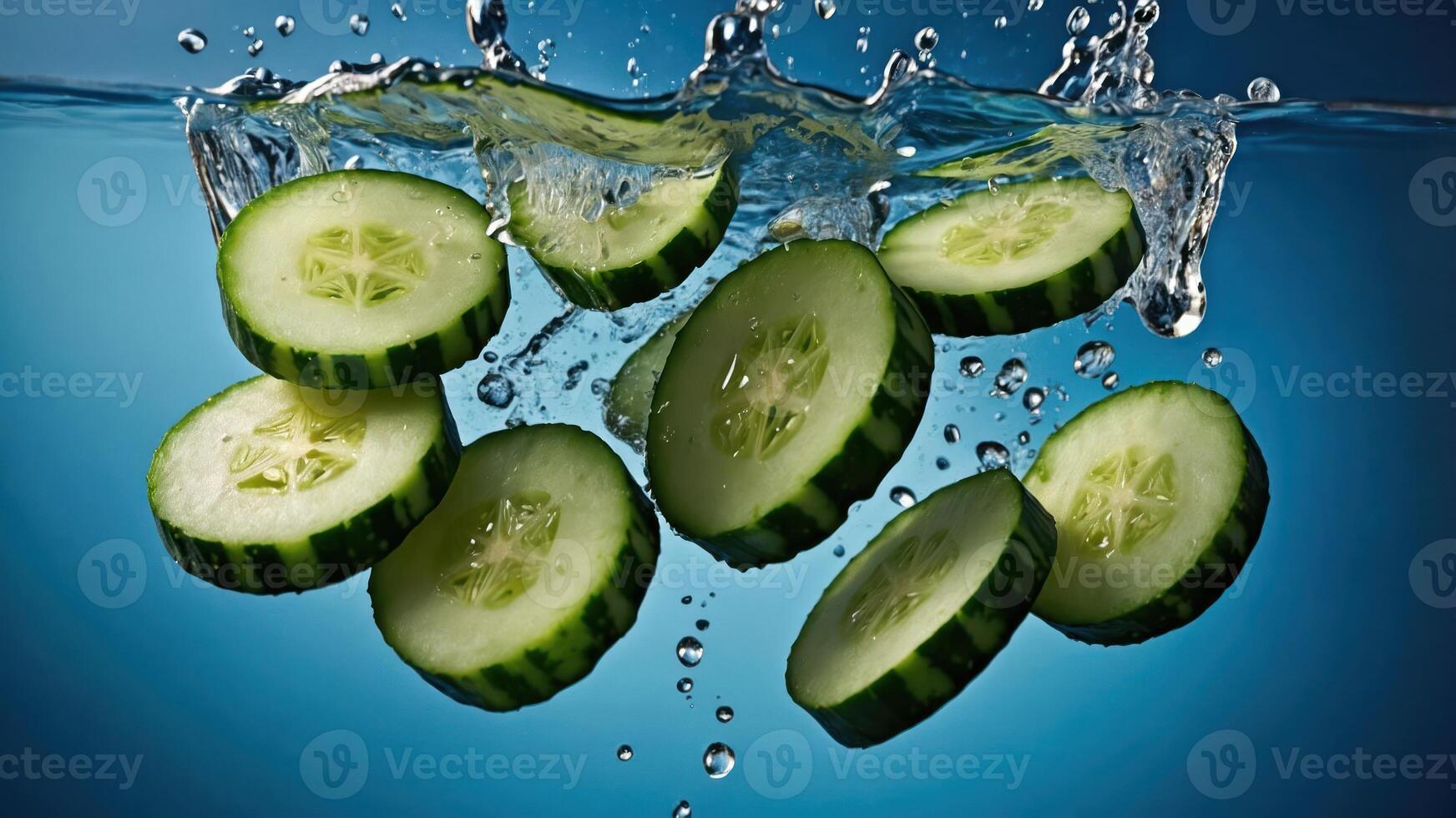Fresh cucumber slices splashing into water, creating a refreshing visual effect. 52811989 Stock ...