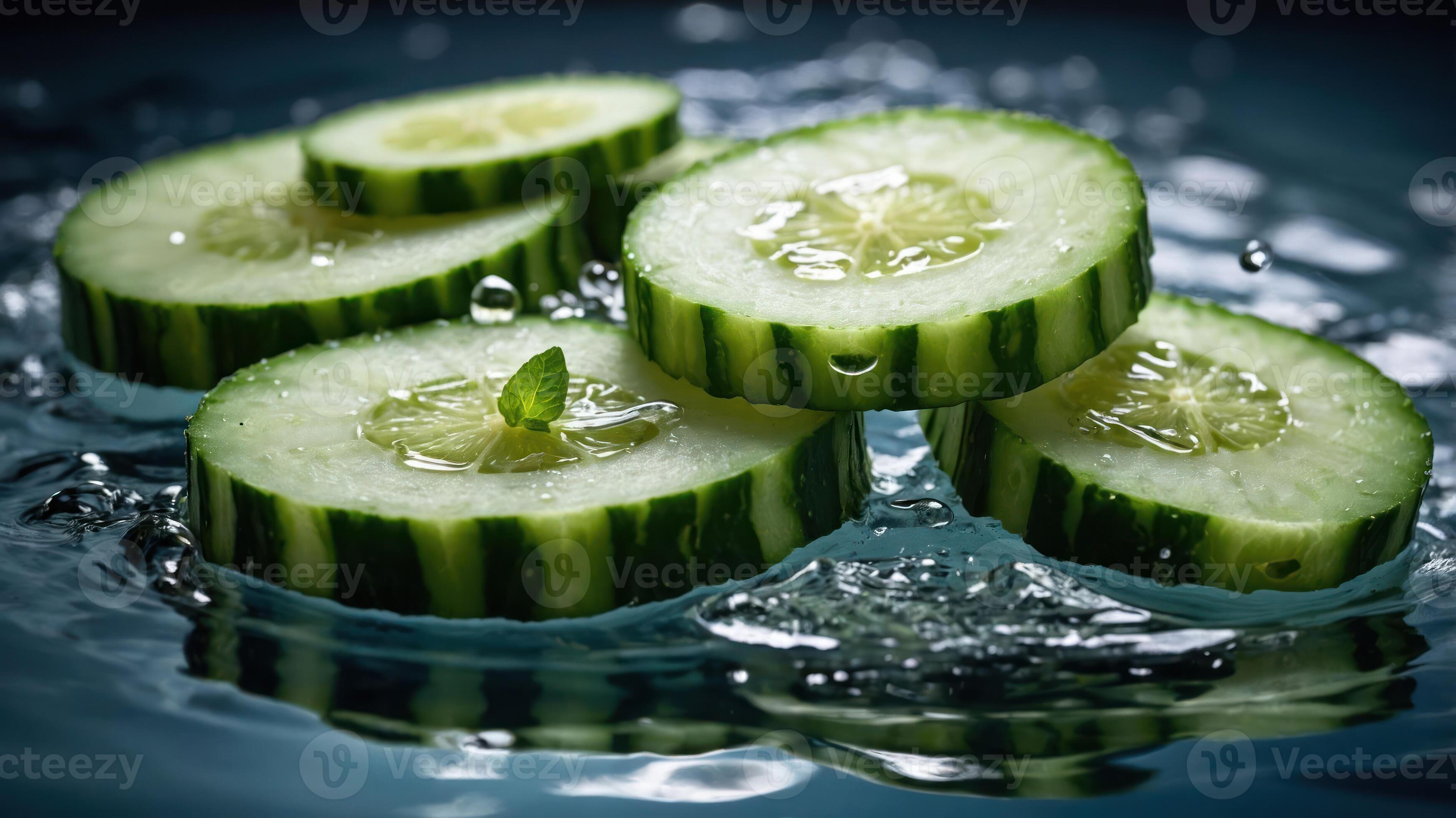 Fresh cucumber slices floating in water, showcasing their texture and freshness. 52815614 Stock ...