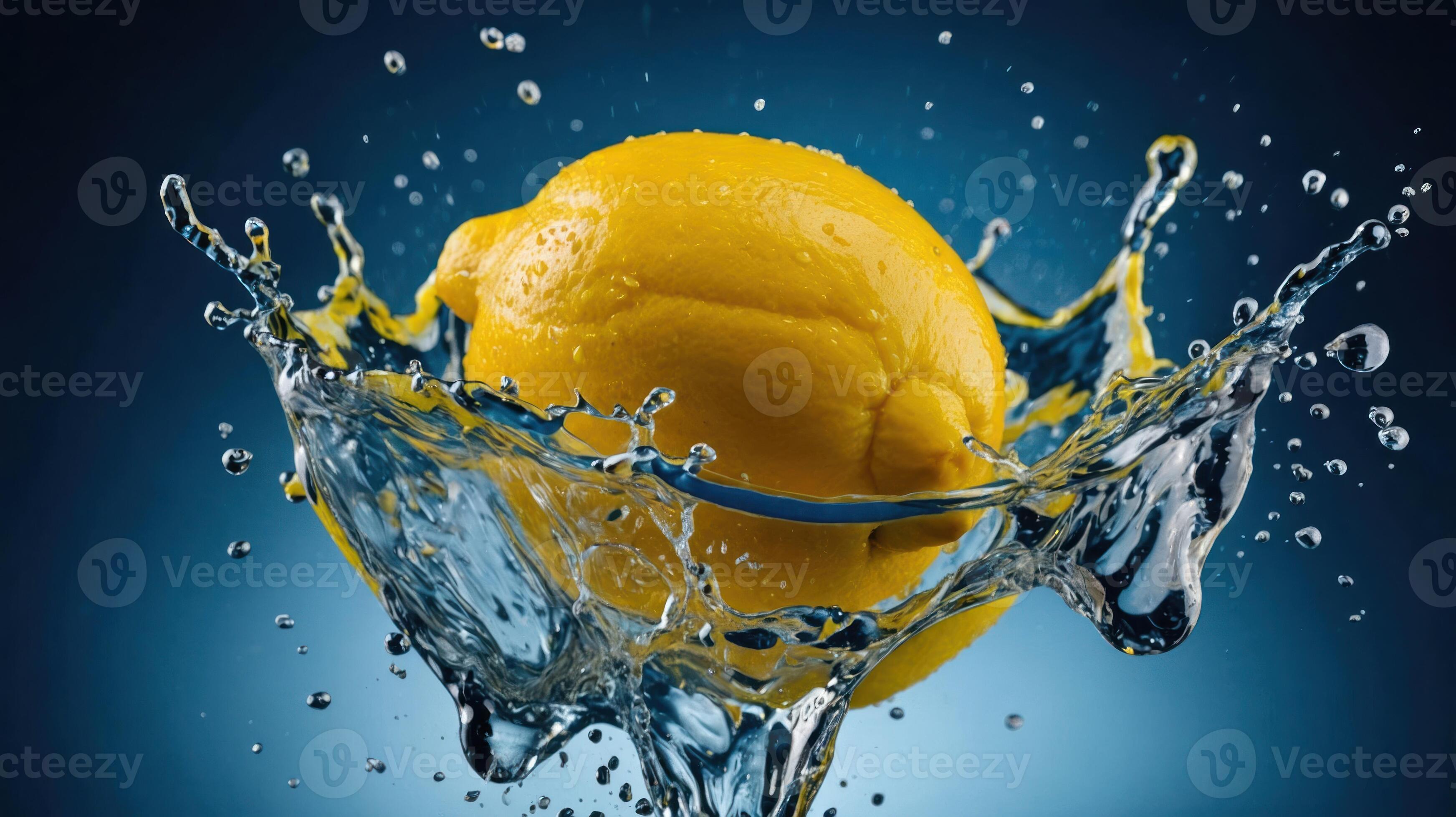 A lemon splashes into water, creating dynamic droplets and a vibrant visual effect. 52815813 ...