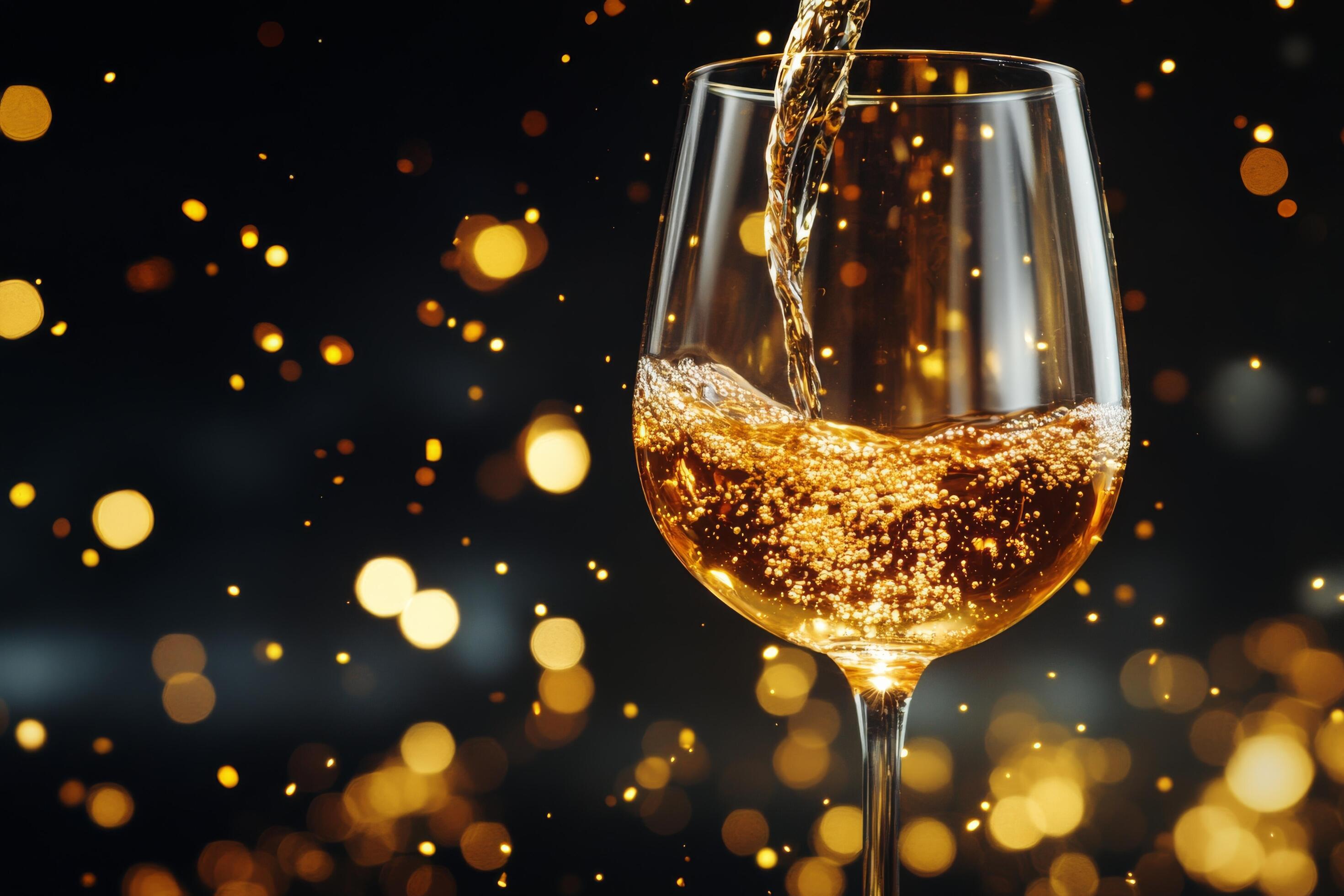 Pouring sparkling white wine into a glass with blurred lights in the background at a celebration ...