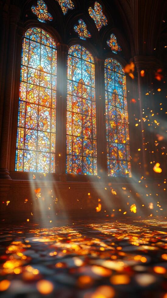 Sunlight streaming through stained glass windows in an ancient church during early morning hours ...