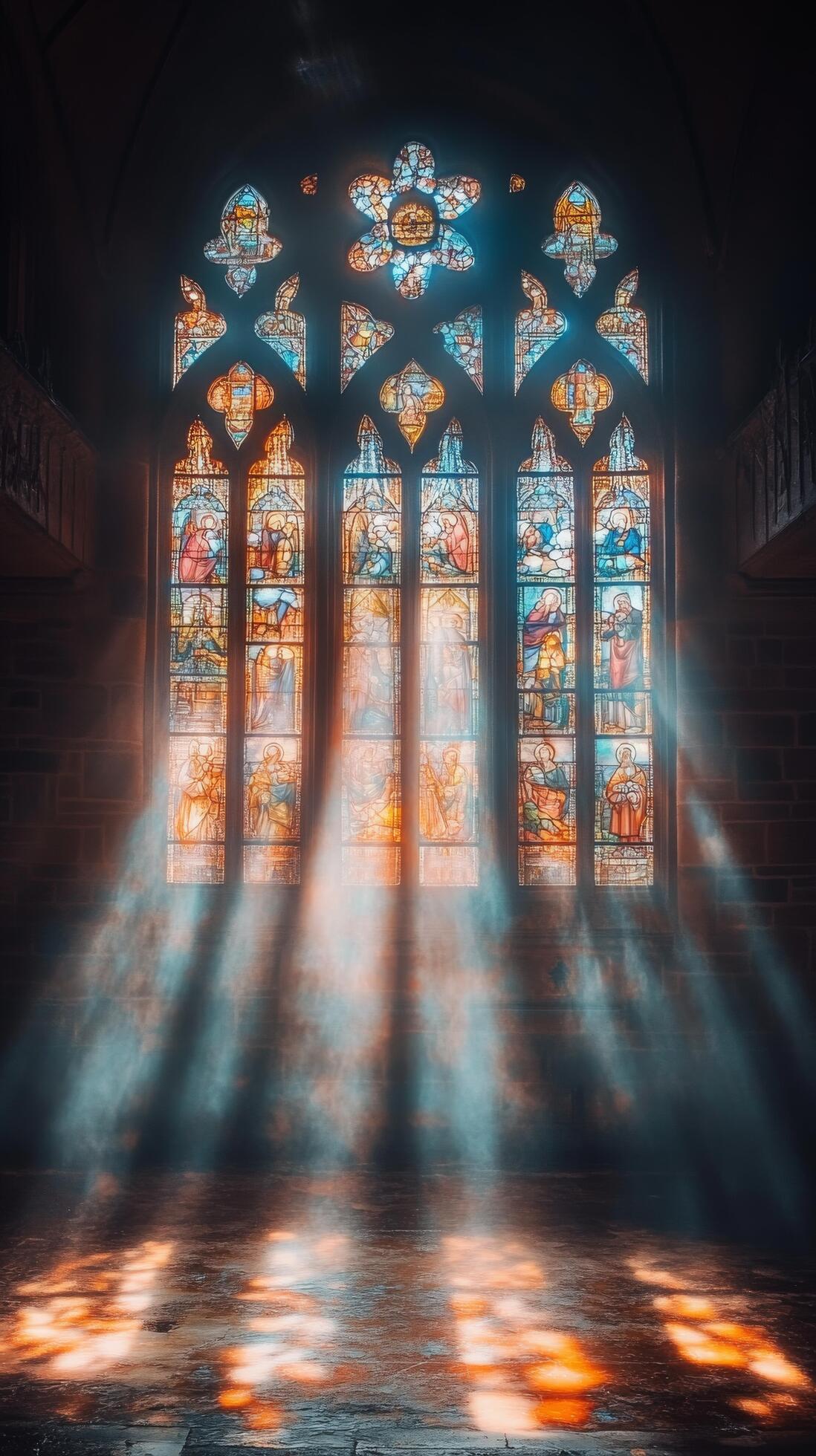 Sunlight streaming through stained glass windows in an ancient church during early morning hours ...