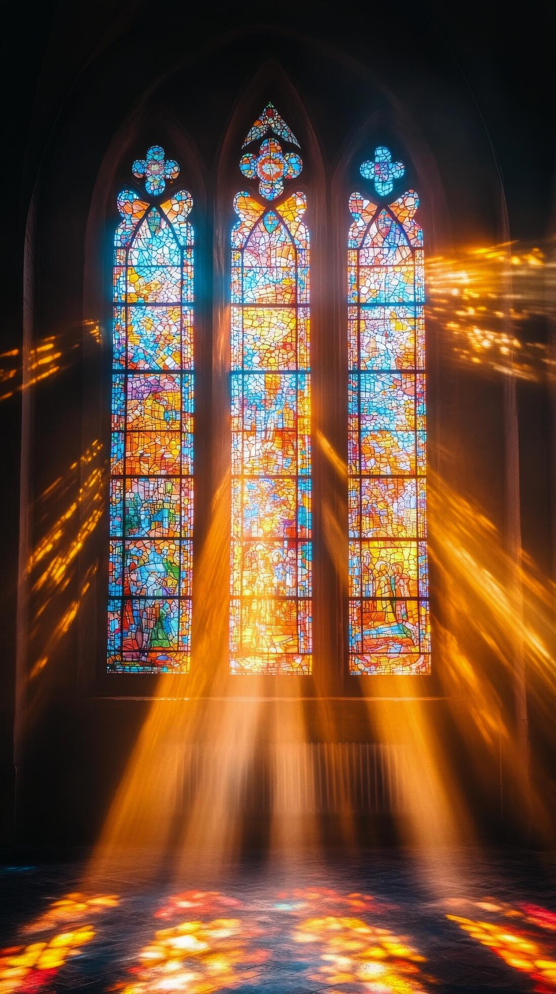 Sunlight streaming through stained glass windows in an ancient church during early morning hours ...