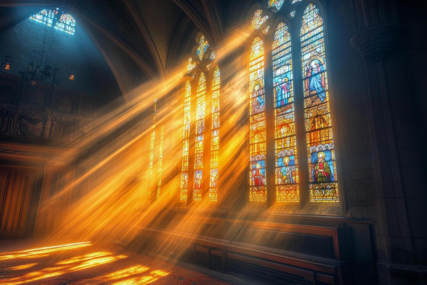 Sunlight streaming through stained glass windows in an ancient church during golden hour ...