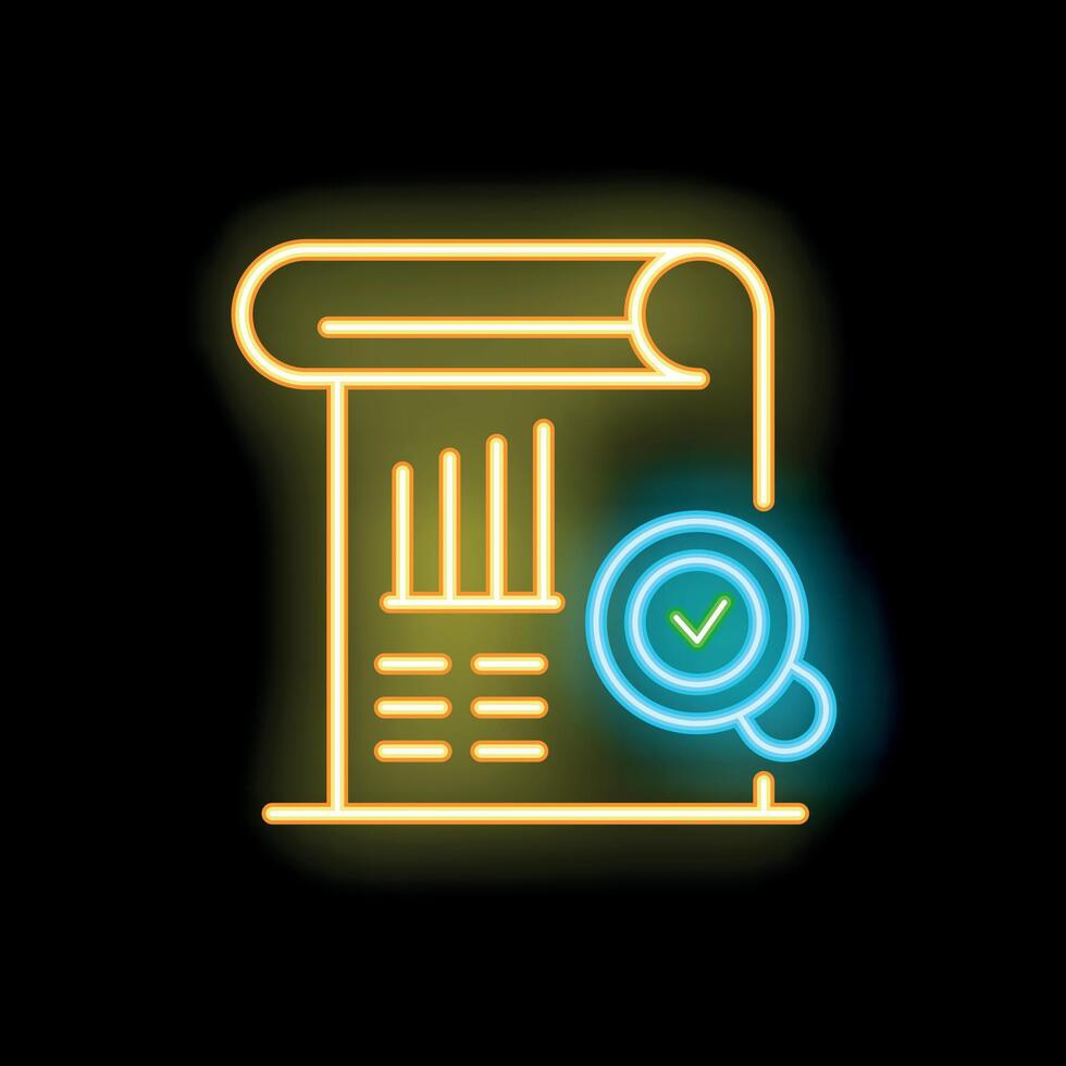 Neon style icon showing document under verification with magnifying ...