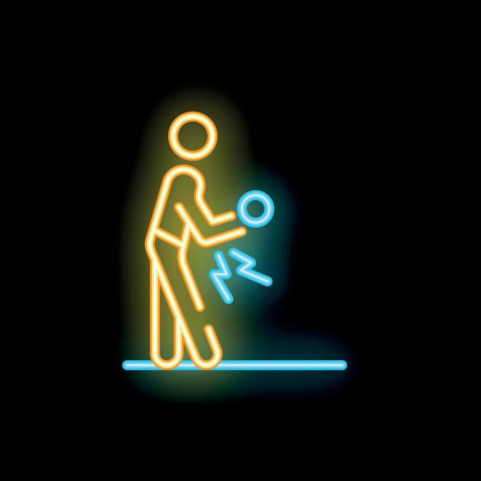Neon sign representing a sportsman experiencing back pain after lifting ... Neon sign representing a sportsman experiencing back pain after lifting ...