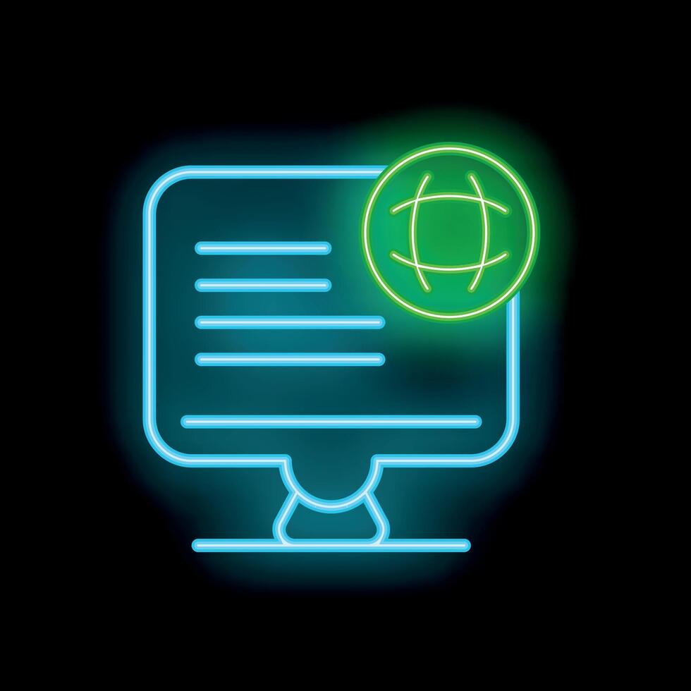 Neon icon of computer displaying internet webpage with globe symbol ...