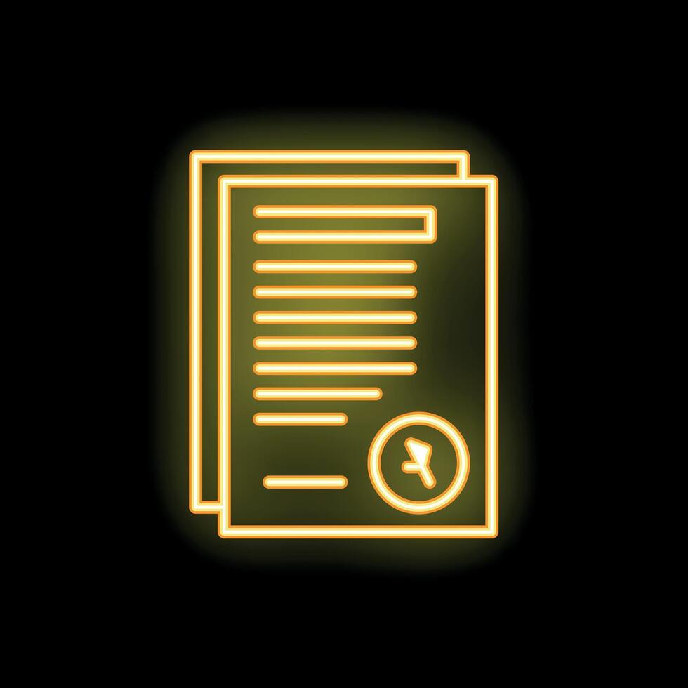 Neon icon of documents with approved signature on black brick wall ...