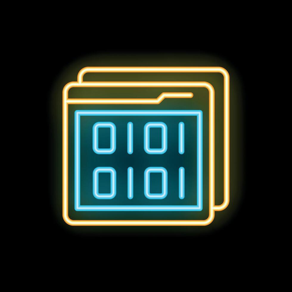 Neon binary code inside computer window glowing on black background ...