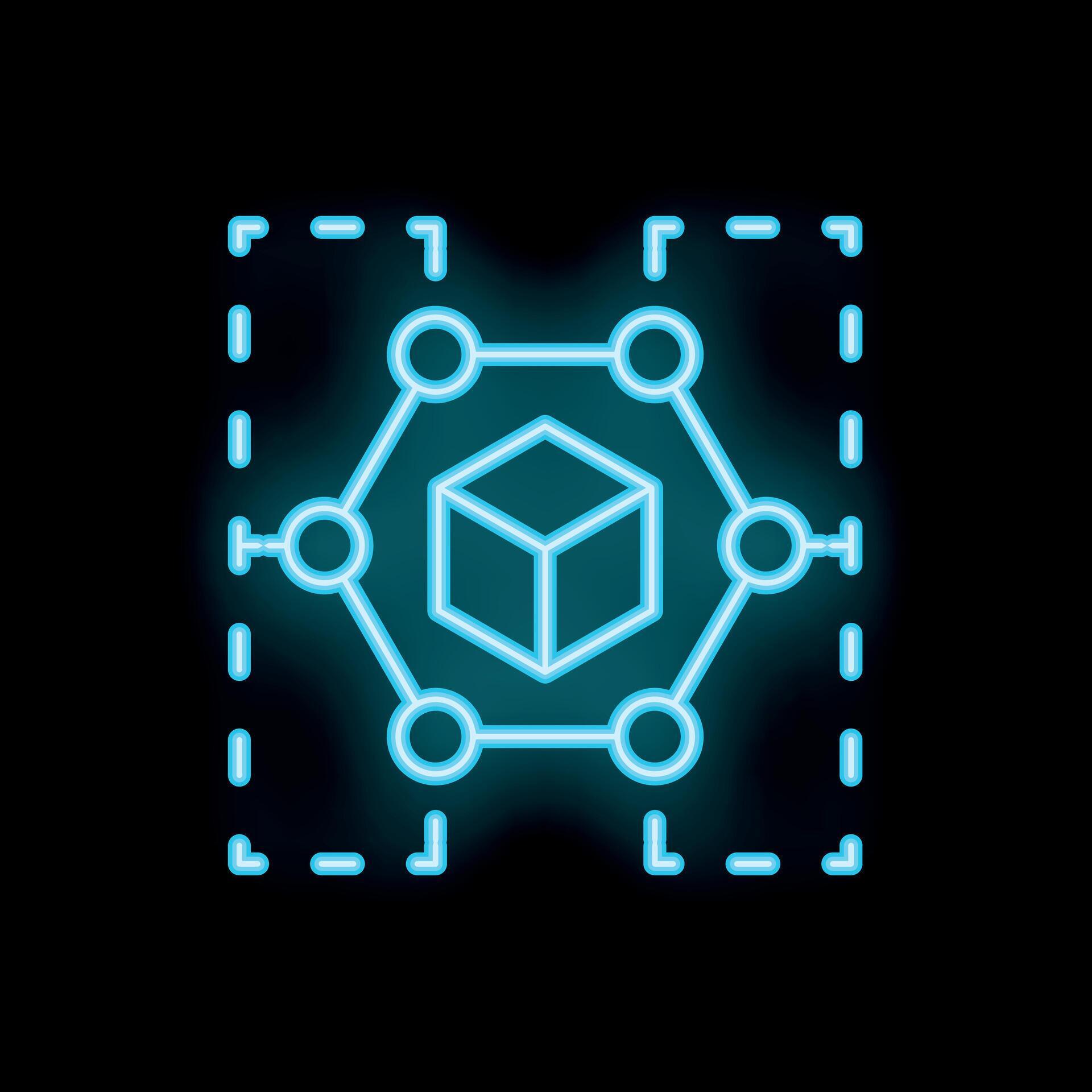 Neon blockchain network icon with cube and nodes glowing on black background 52839891 Vector Art ...
