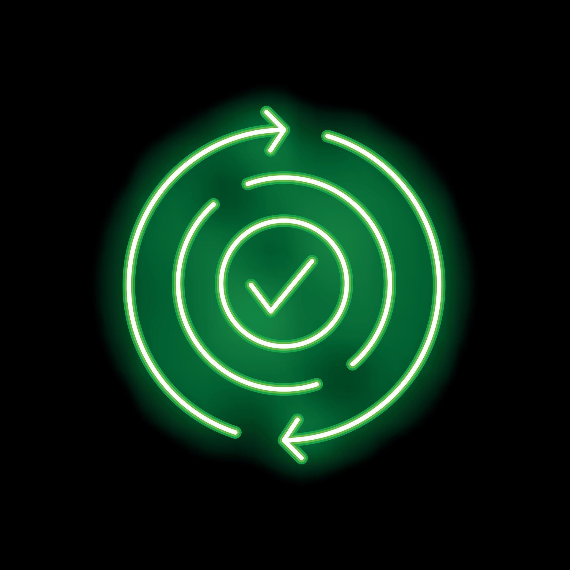 Green neon checkmark inside circular arrows on black background signalling validation 52850865 ...