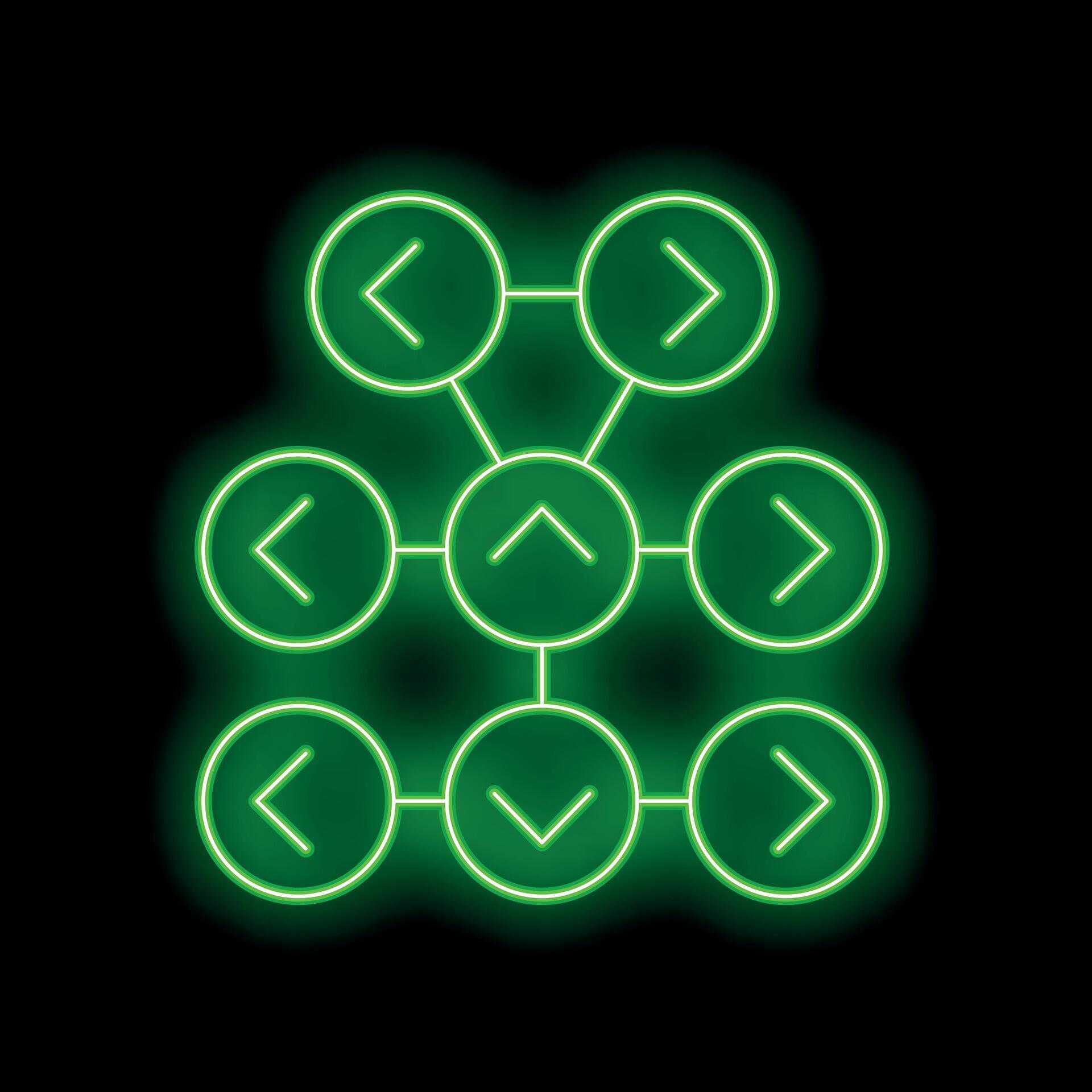 Neon green flowchart with arrows showing possible directions on black ...
