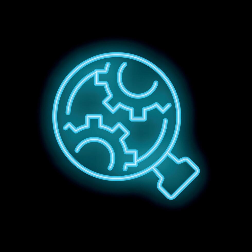 Neon magnifying glass exploring interconnected gears on black ... Neon magnifying glass exploring interconnected gears on black ...