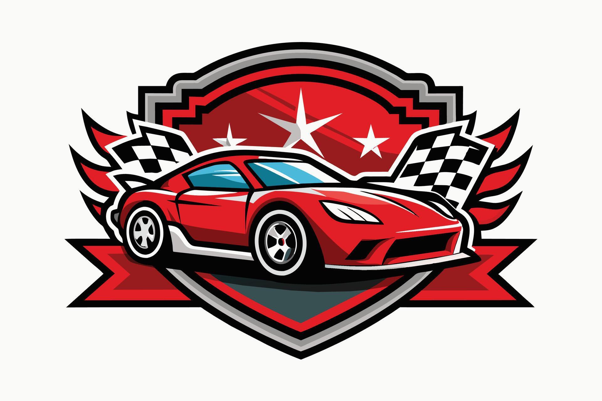 Stylized red race car with checkered flags and stars on a dynamic badge ...