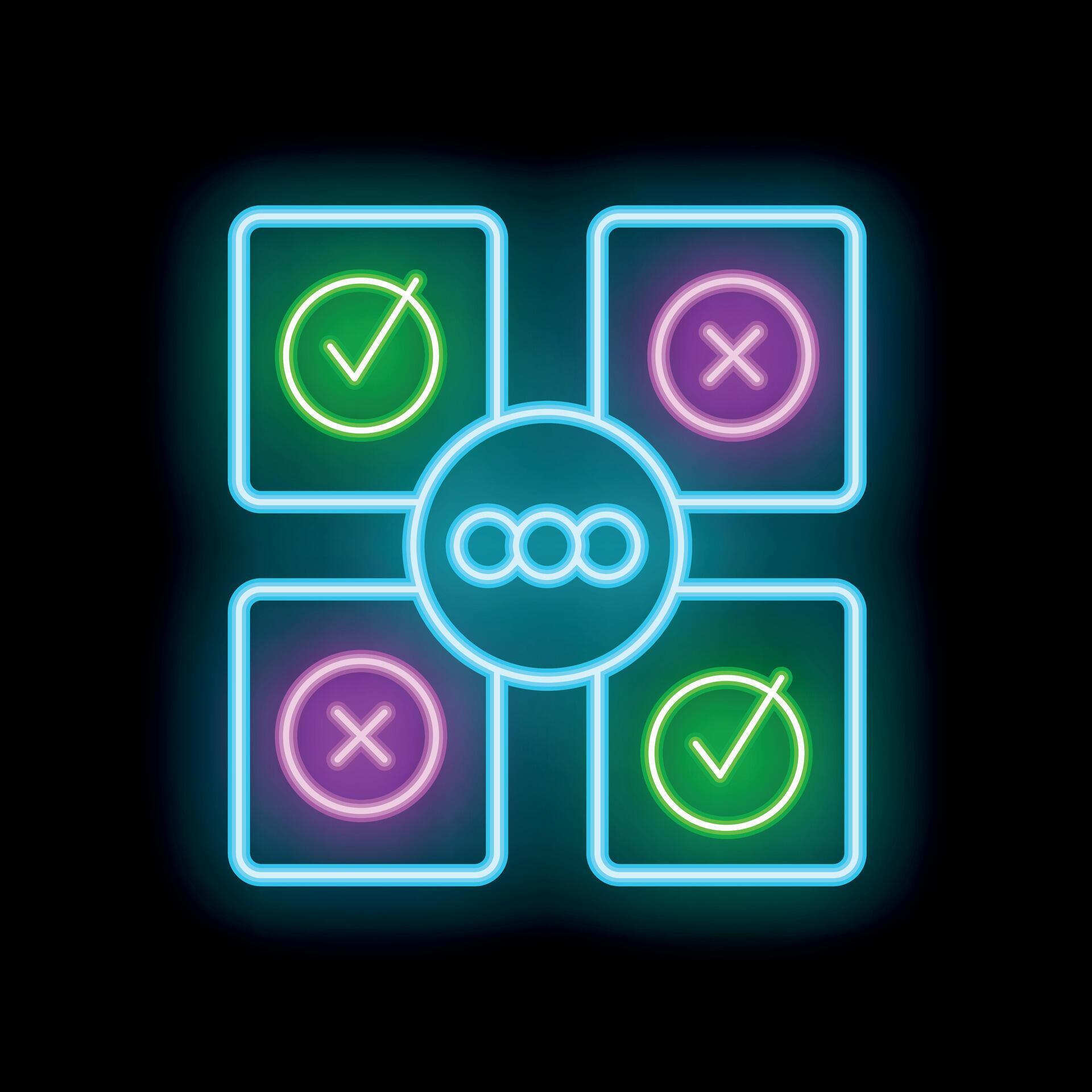Neon icon showing blockchain network processing data with check and cross marks 52889077 Vector ...