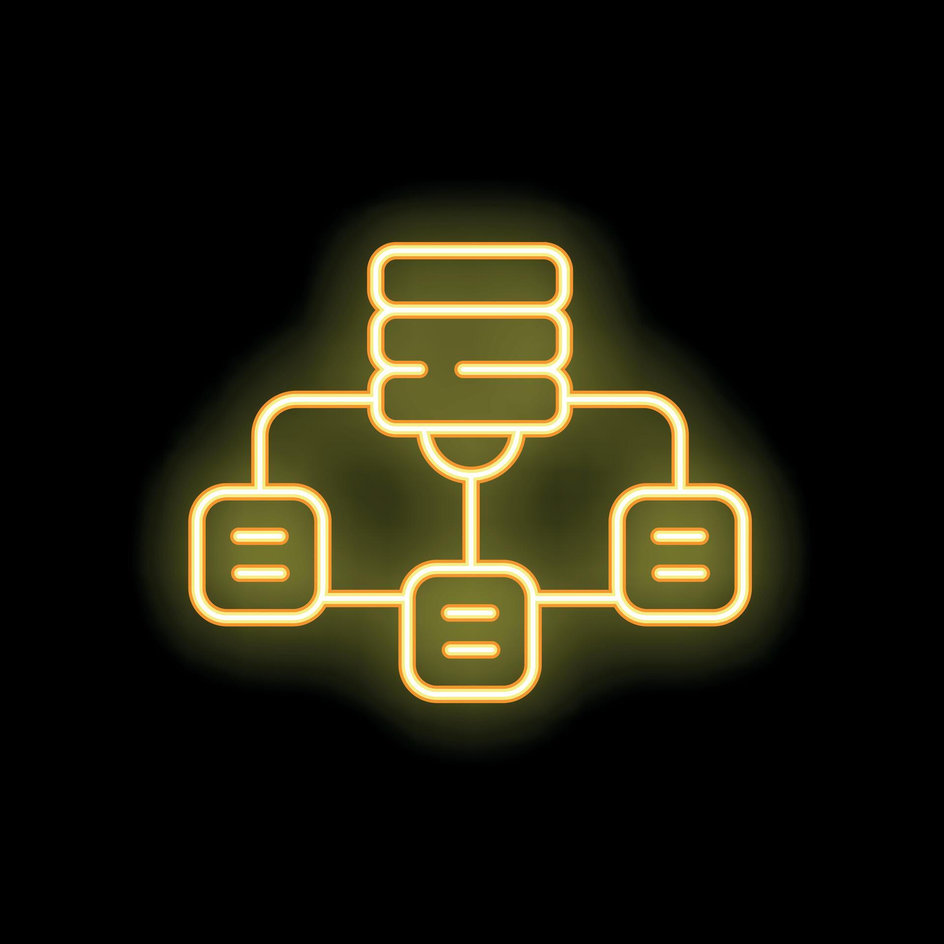Neon yellow database server icon connecting with computers on black ...