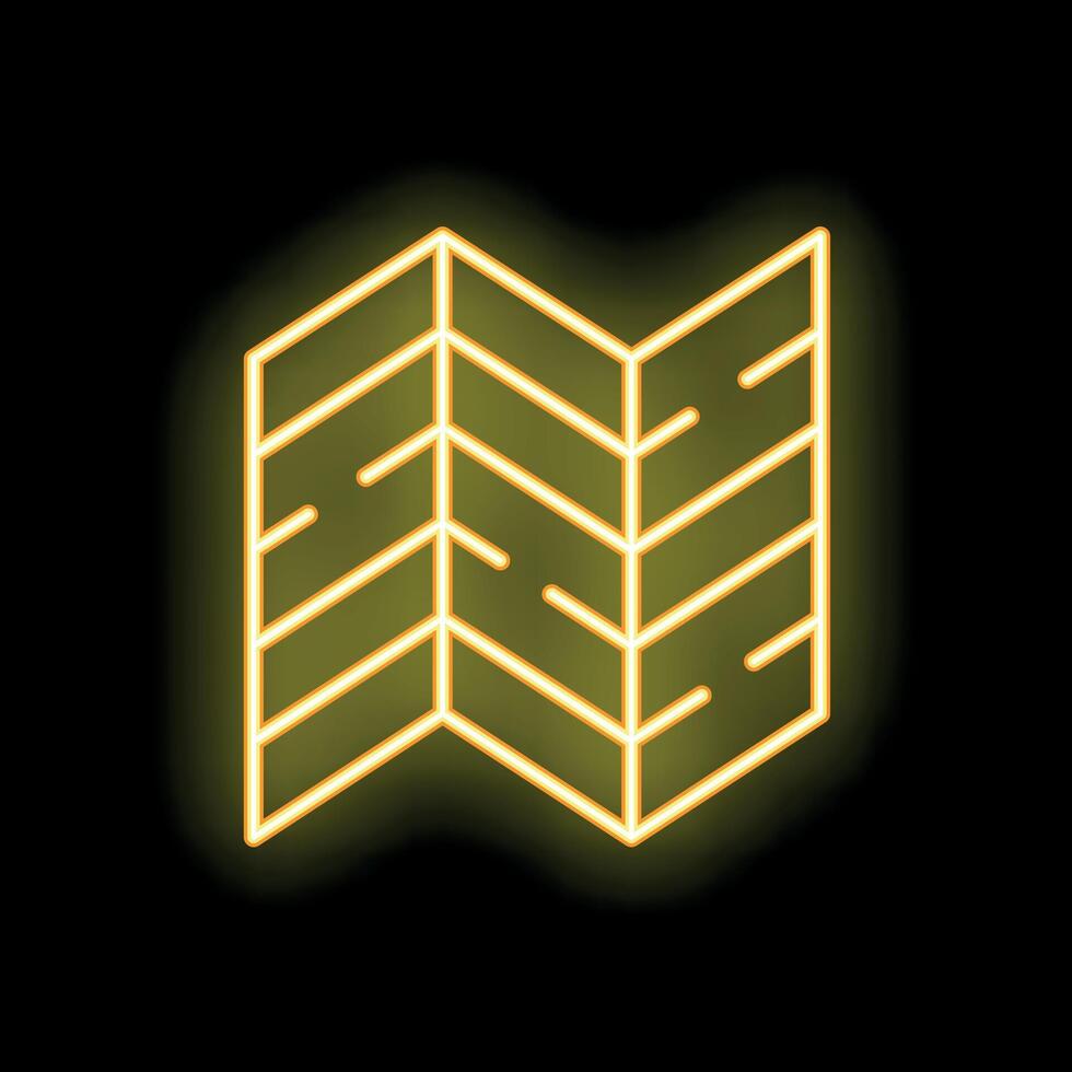 Yellow neon sign showing a map in zig zag on a black background ...