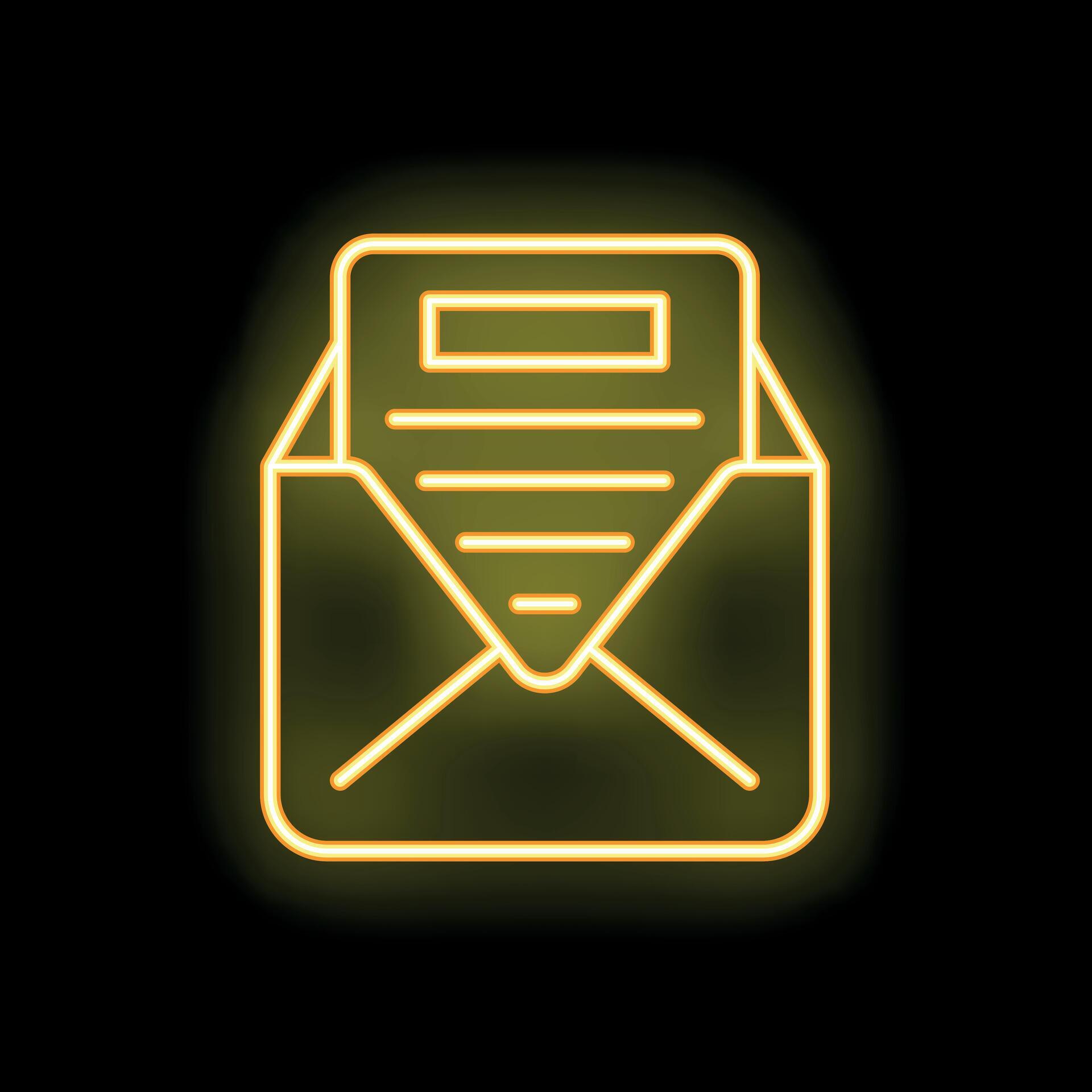 Neon yellow open envelope with letter sticking out on black background ...