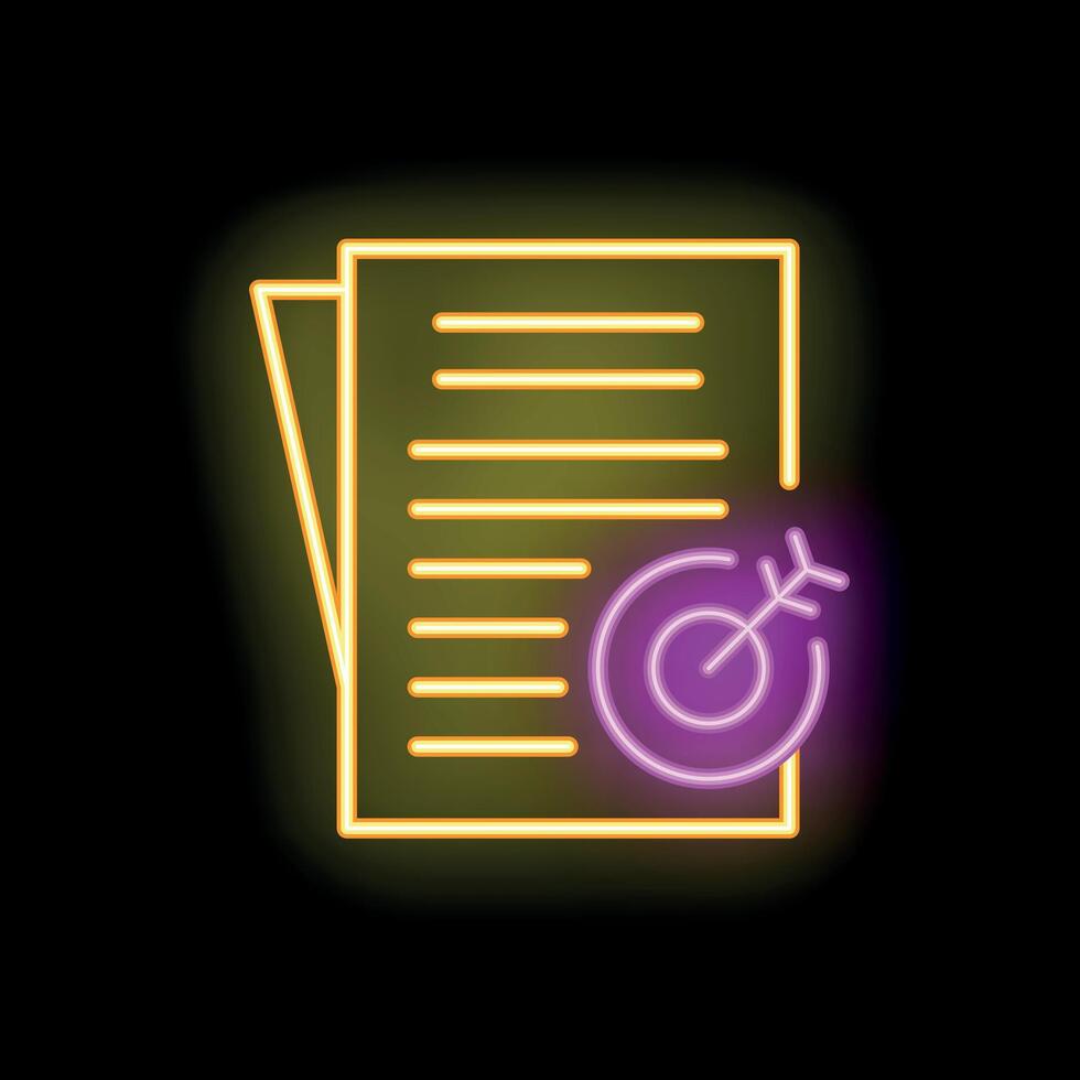 Neon sign showing dart hitting target on documents representing ... Neon sign showing dart hitting target on documents representing ...