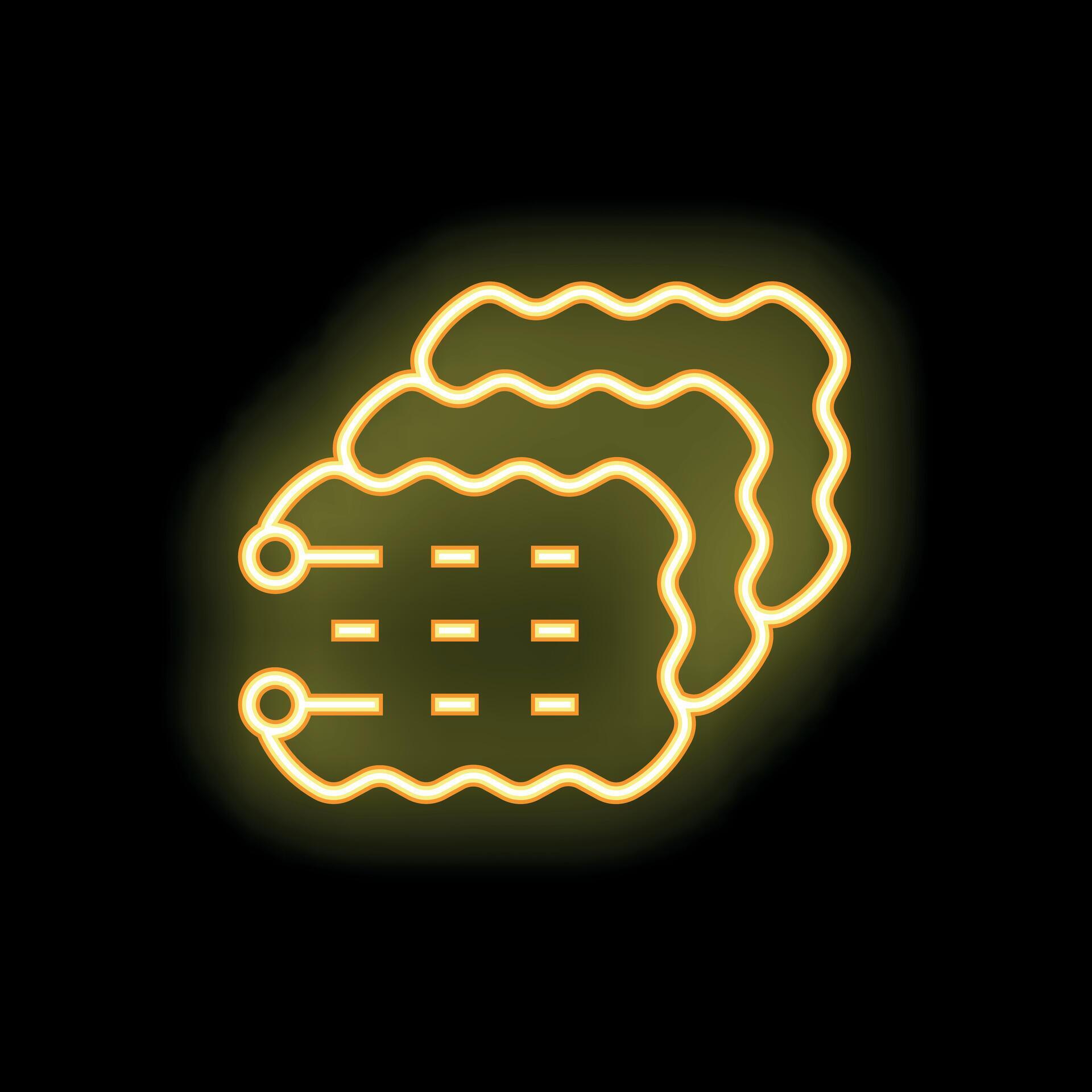 Yellow neon style icon representing machine learning process on black ...
