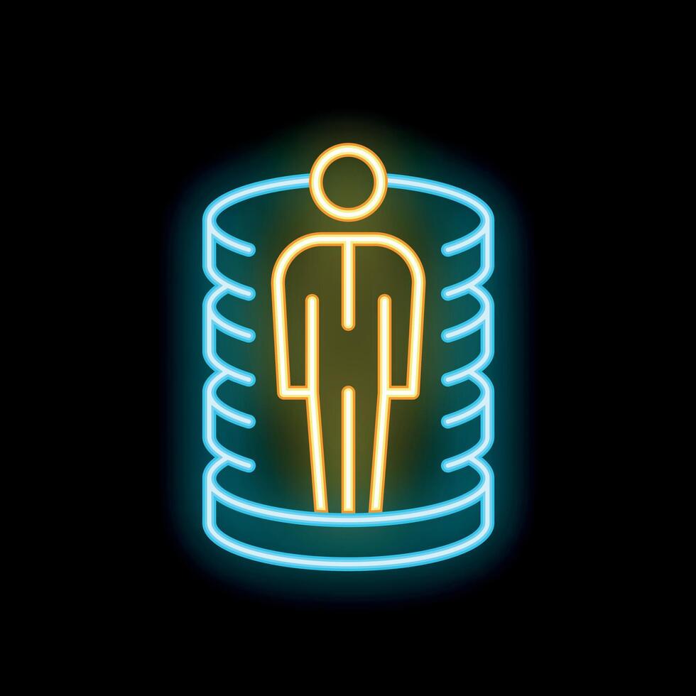 Businessman standing inside database structure neon sign on black ... Businessman standing inside database structure neon sign on black ...