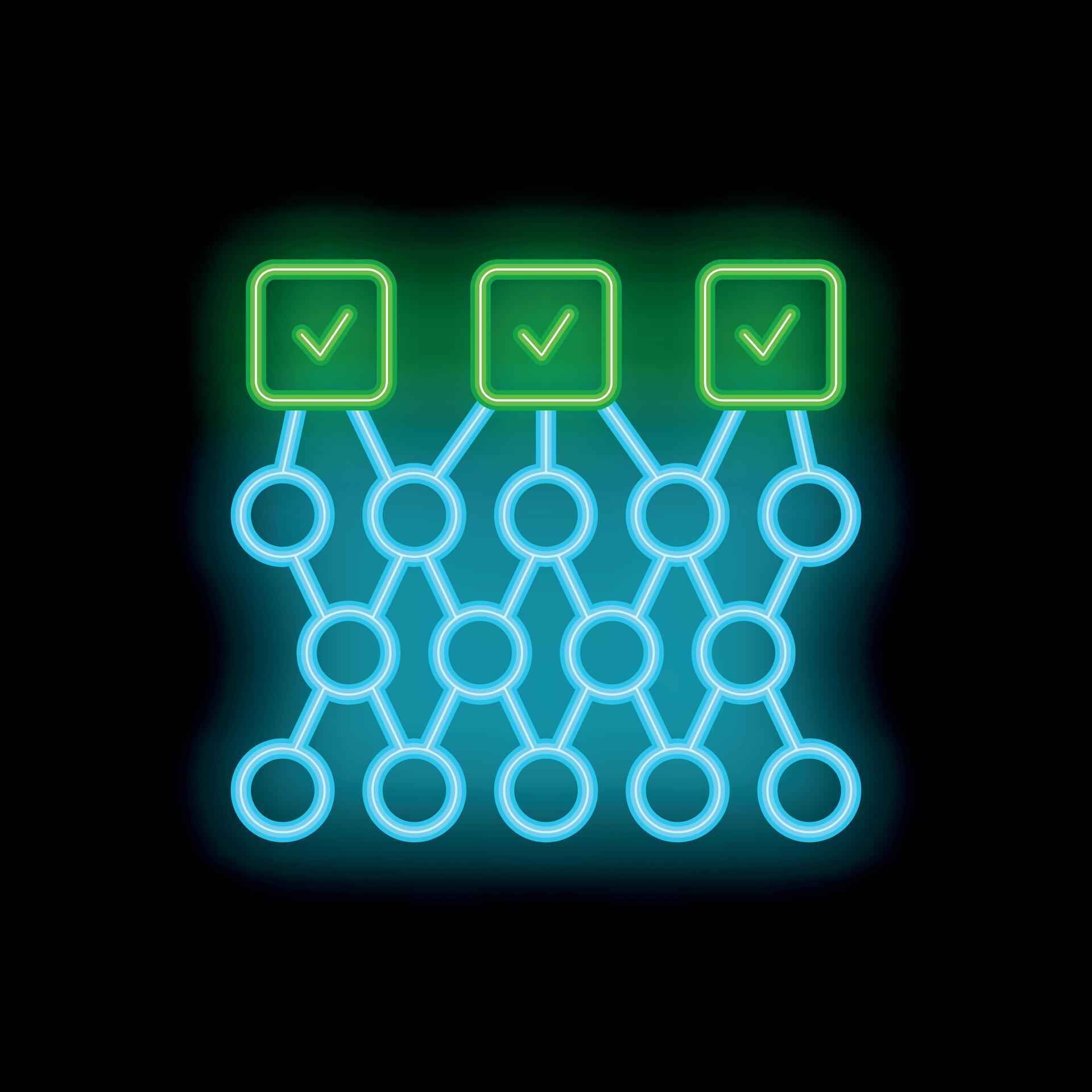 Neon Style Icon Representing Machine Learning Algorithm With Check