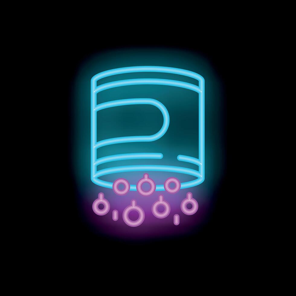 Neon database icon glowing with data droplets on black background ...