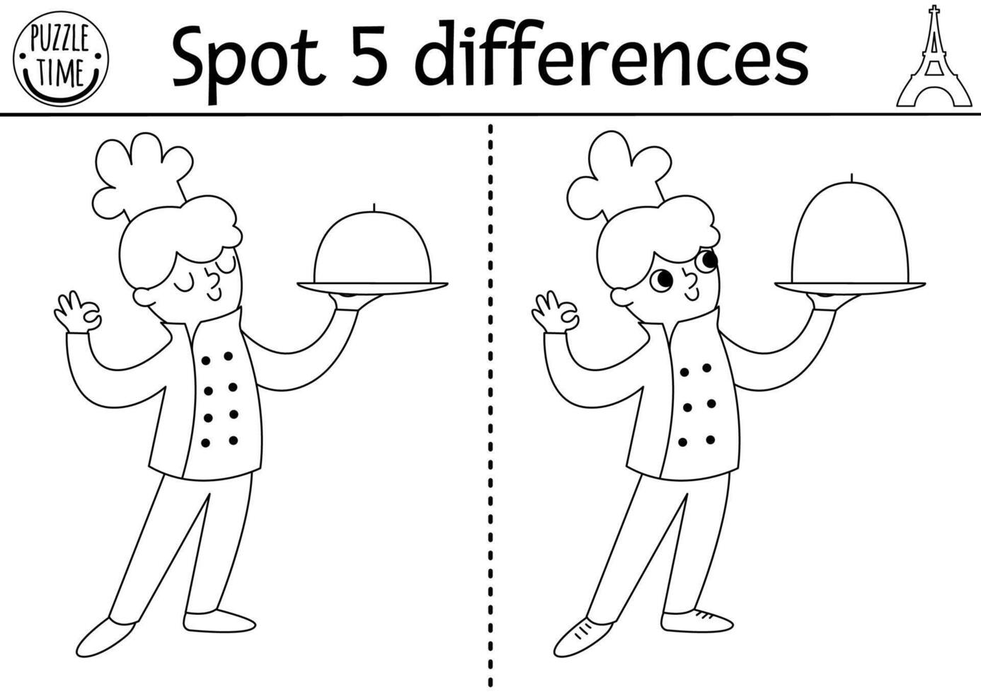 Find differences game for children. Educational black and white activity with cute chef and ...