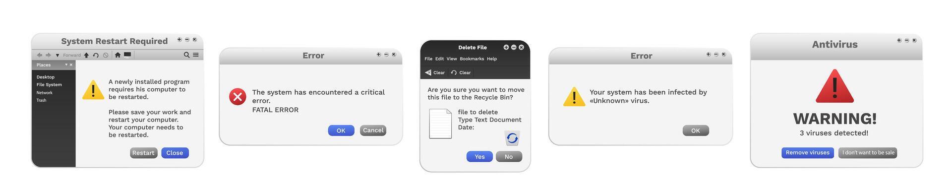 Error pop-up window with virus warning message. System notification to restart. 52912709 Vector ...
