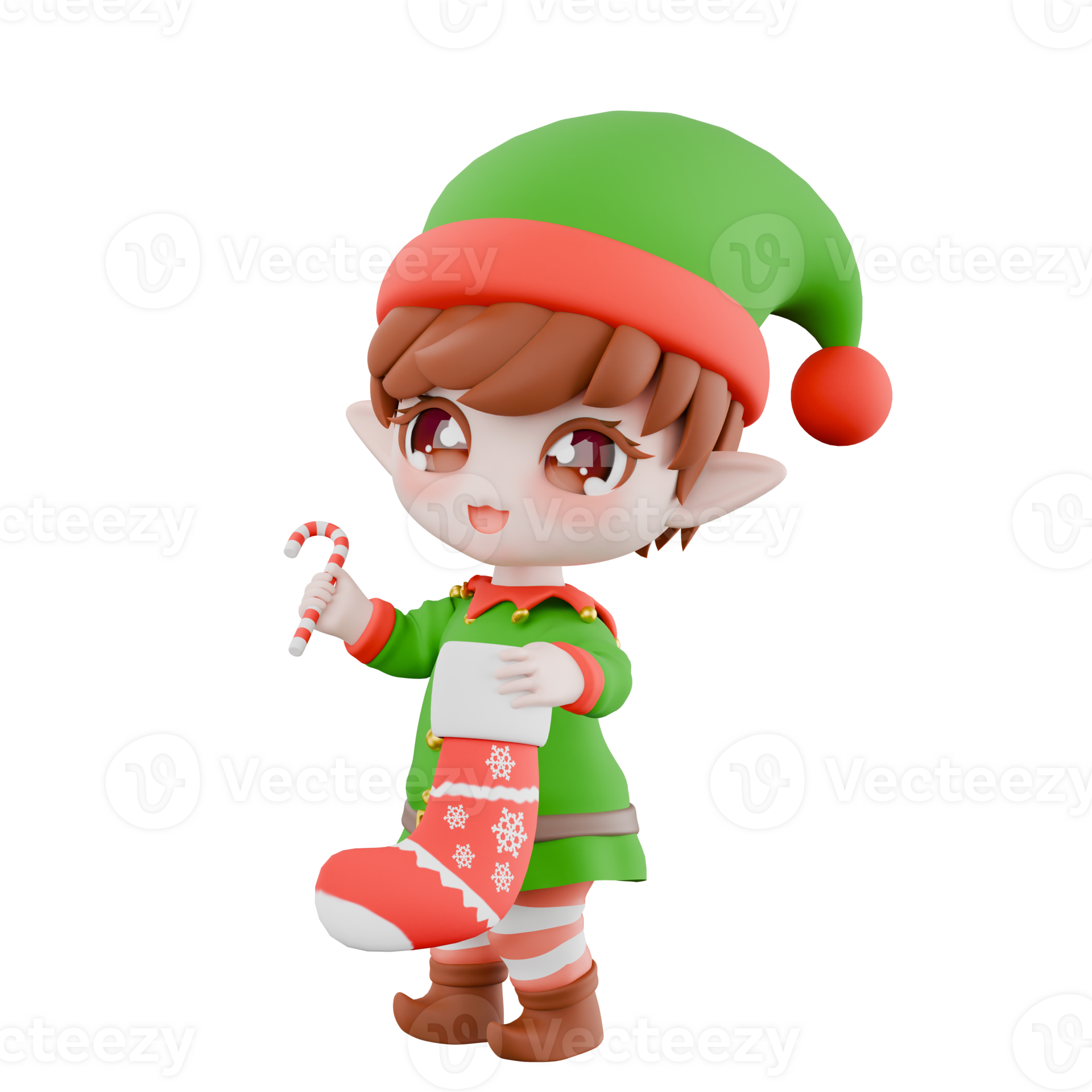 Chibi Elf Holiday Cartoon. A male Chibi Elf stands with one hand holding a Christmas candy cane ...