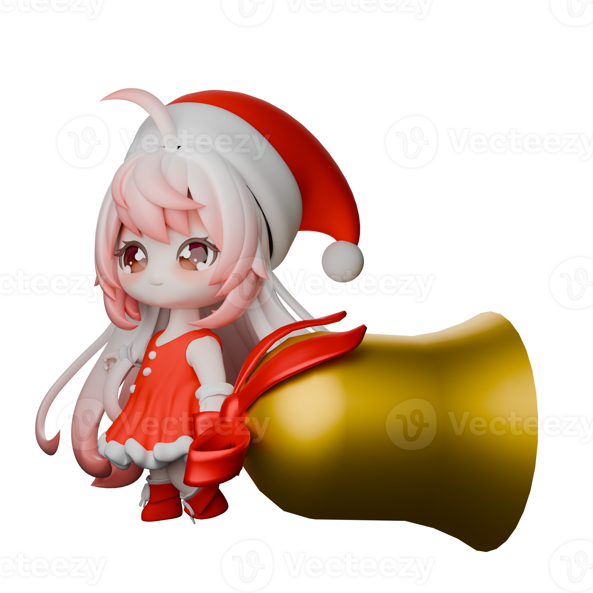 Chibi Girls Santa Cartoon Character A Chibi Girls Santa Walks With Her Left Hand Holding A Big