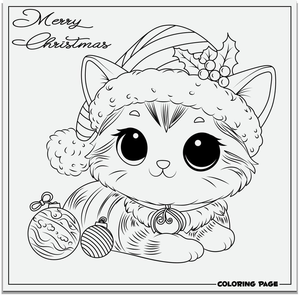 Cute Christmas cat coloring page. 52924191 Vector Art at Vecteezy Cute Christmas cat coloring page. 52924191 Vector Art at Vecteezy