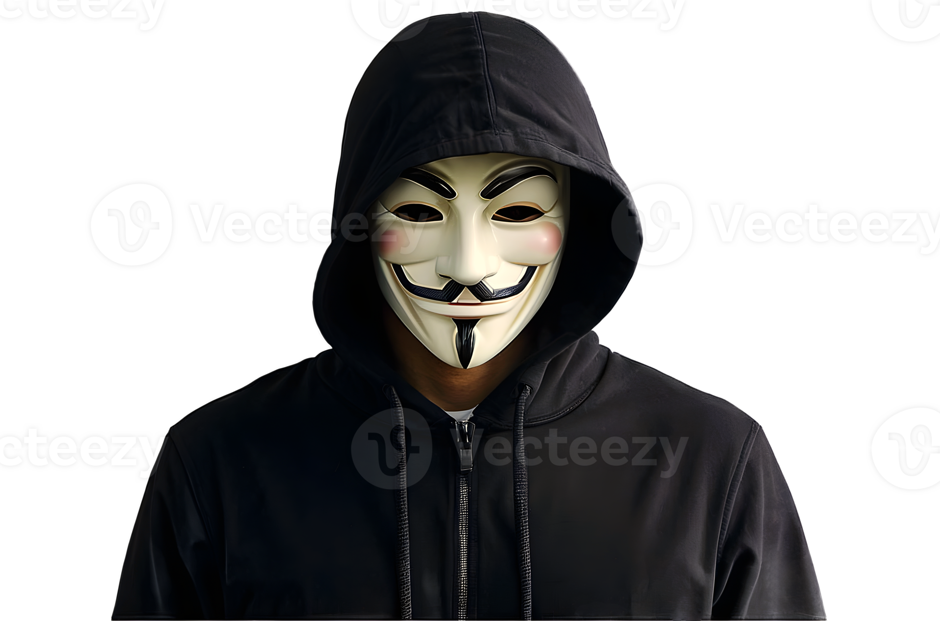 Portrait of man in black hoodie wearing vendetta mask, hacker, anonymous, person isolated on ...
