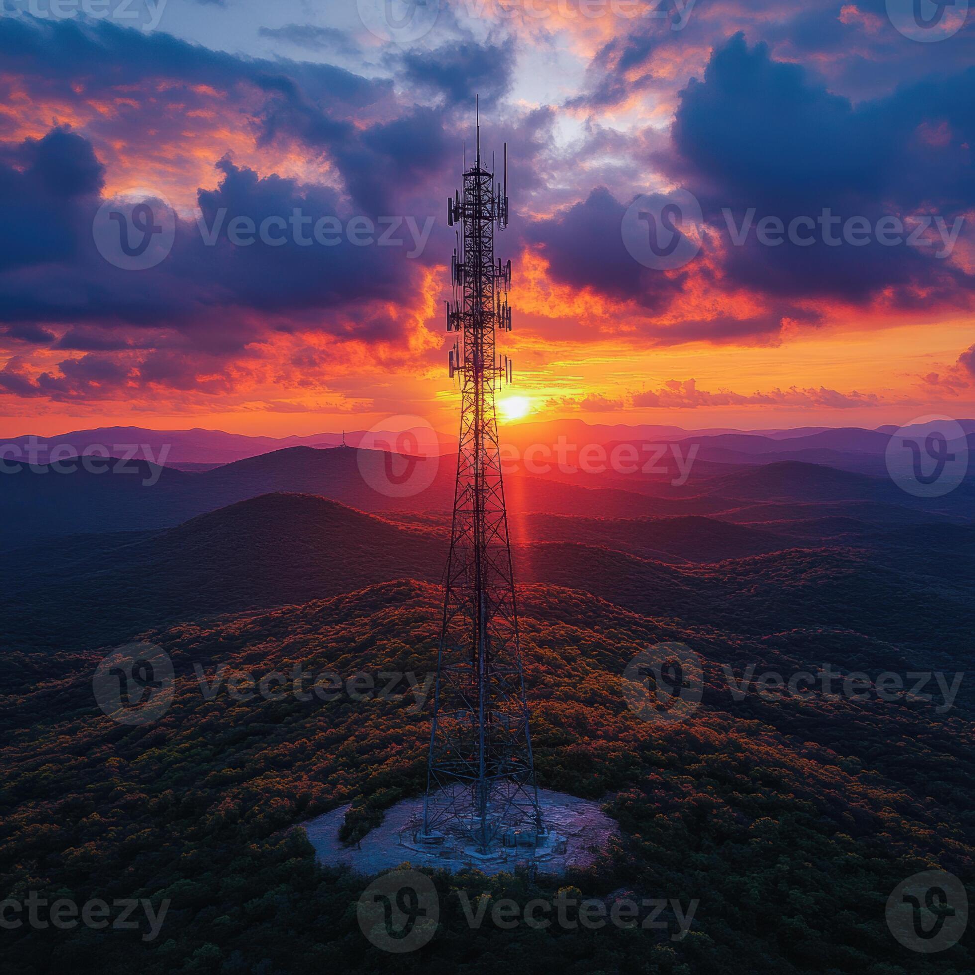 telecommunication network tower stands tall against vibrant sunset, surrounded by rolling hills ...