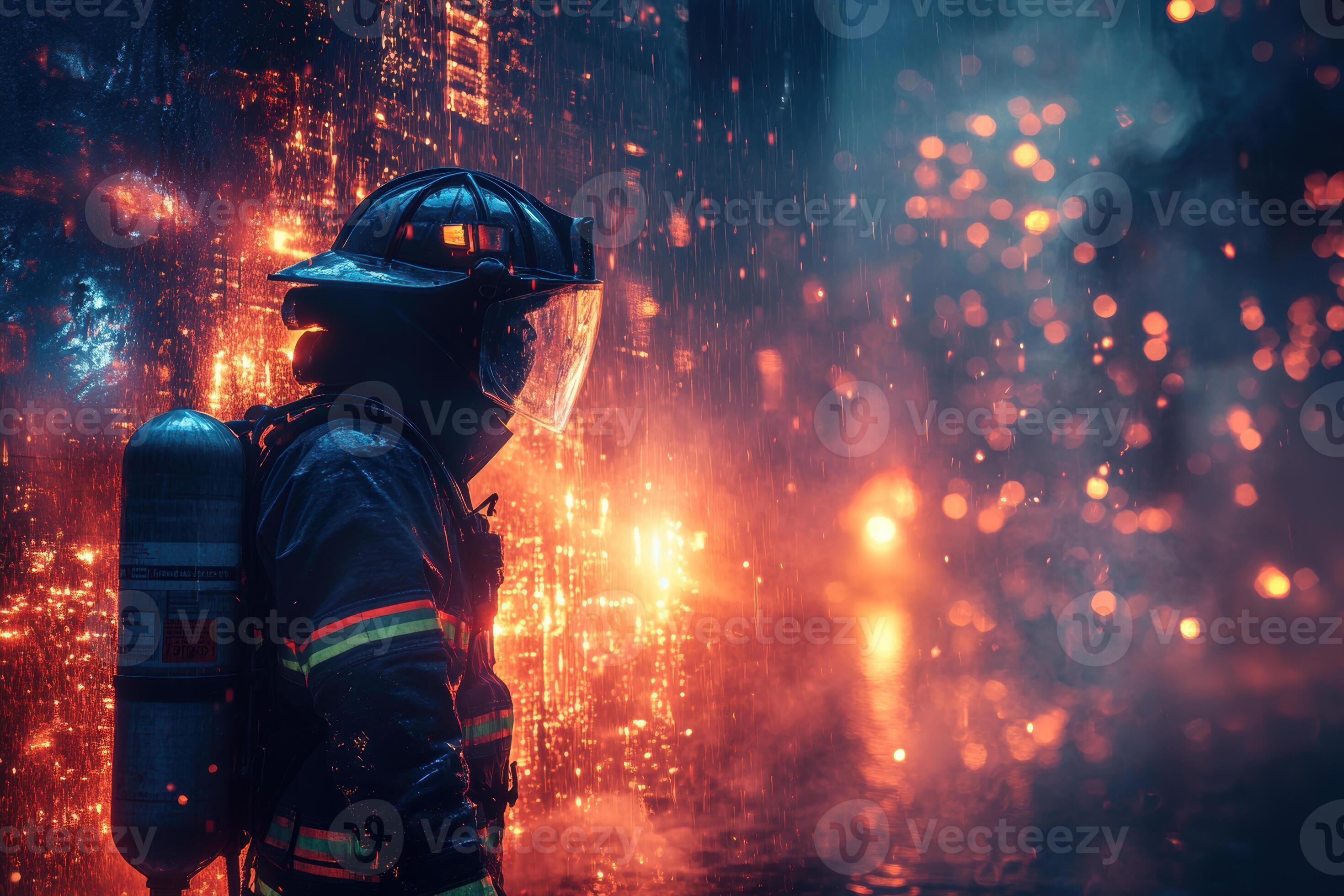 firefighter stands amidst dramatic backdrop of flames and sparks ...