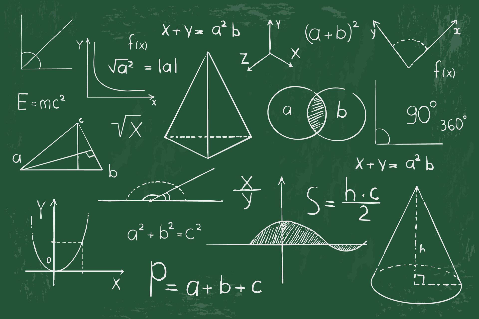 Math geometry graph and shapes on blackboard background. Set science ...